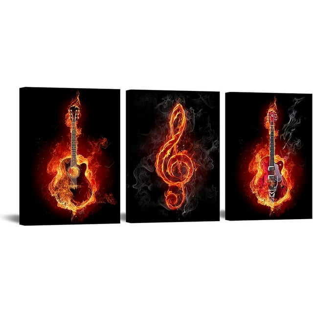 3 Piece Music Canvas Wall Art Musical Notes Guitar on Fire Poster and ...