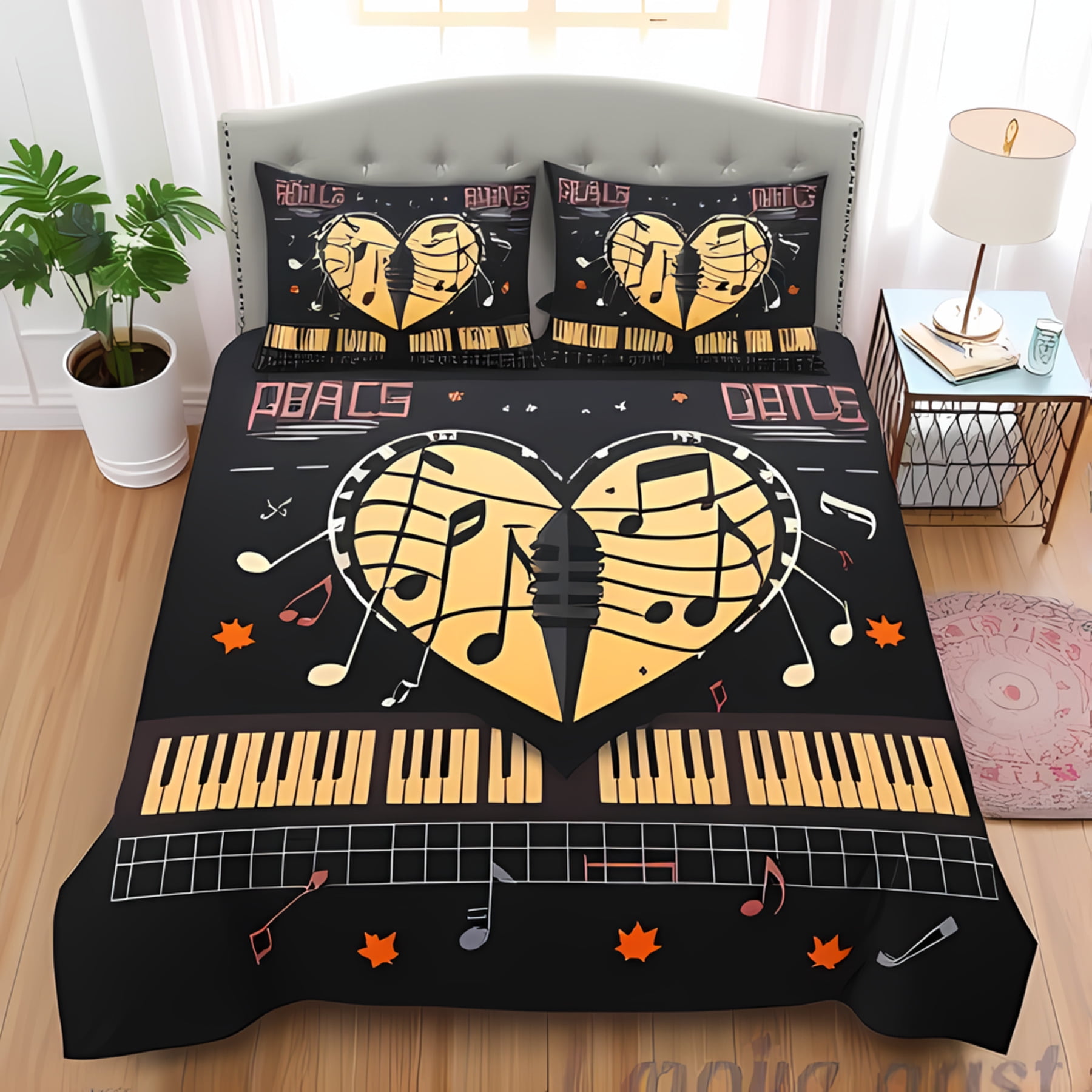 3-Piece Music Lover's Duvet Cover Set - Heart-Shaped Musical Notes on ...