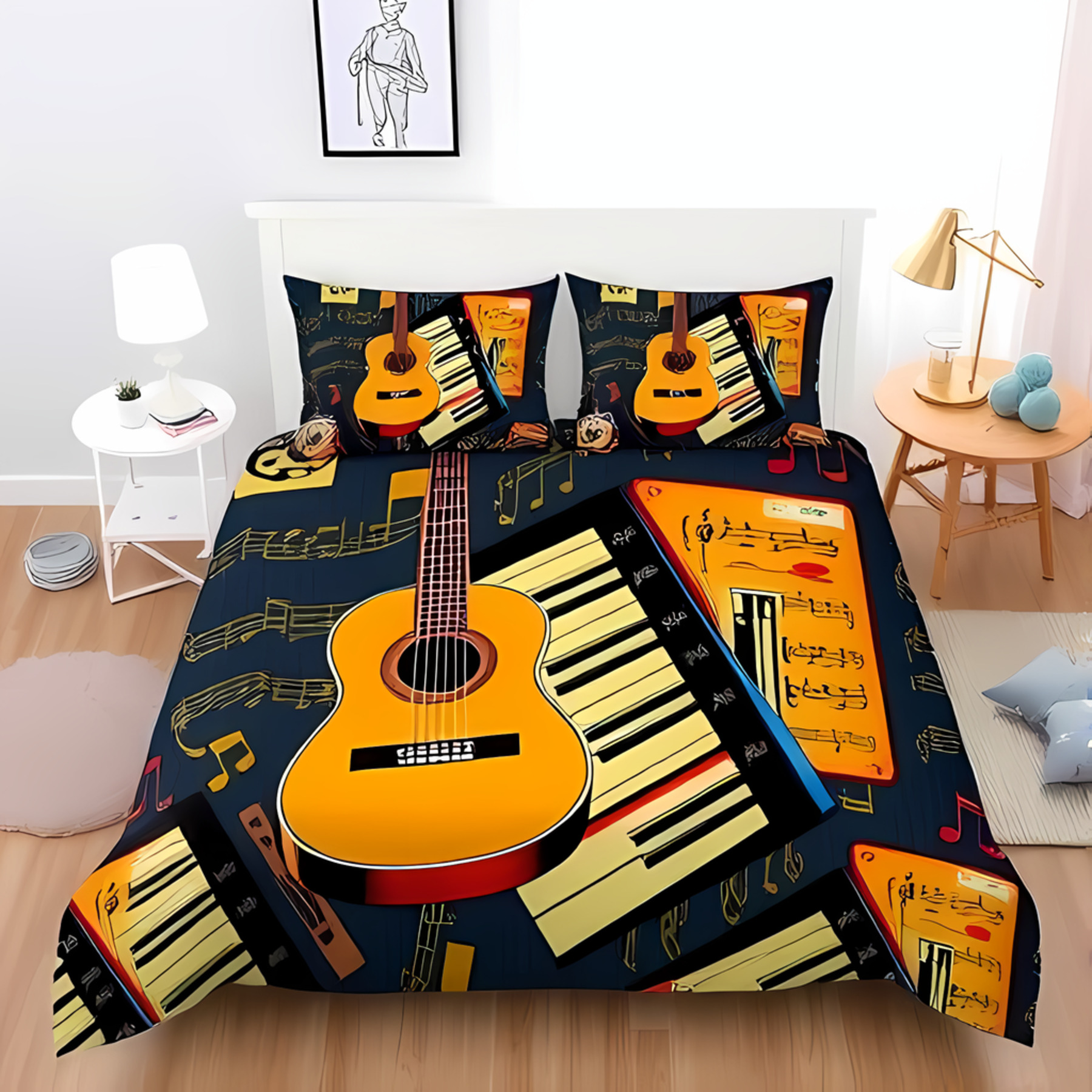 3-Piece Musical Instruments Duvet Cover Set - Acoustic Guitar Piano ...