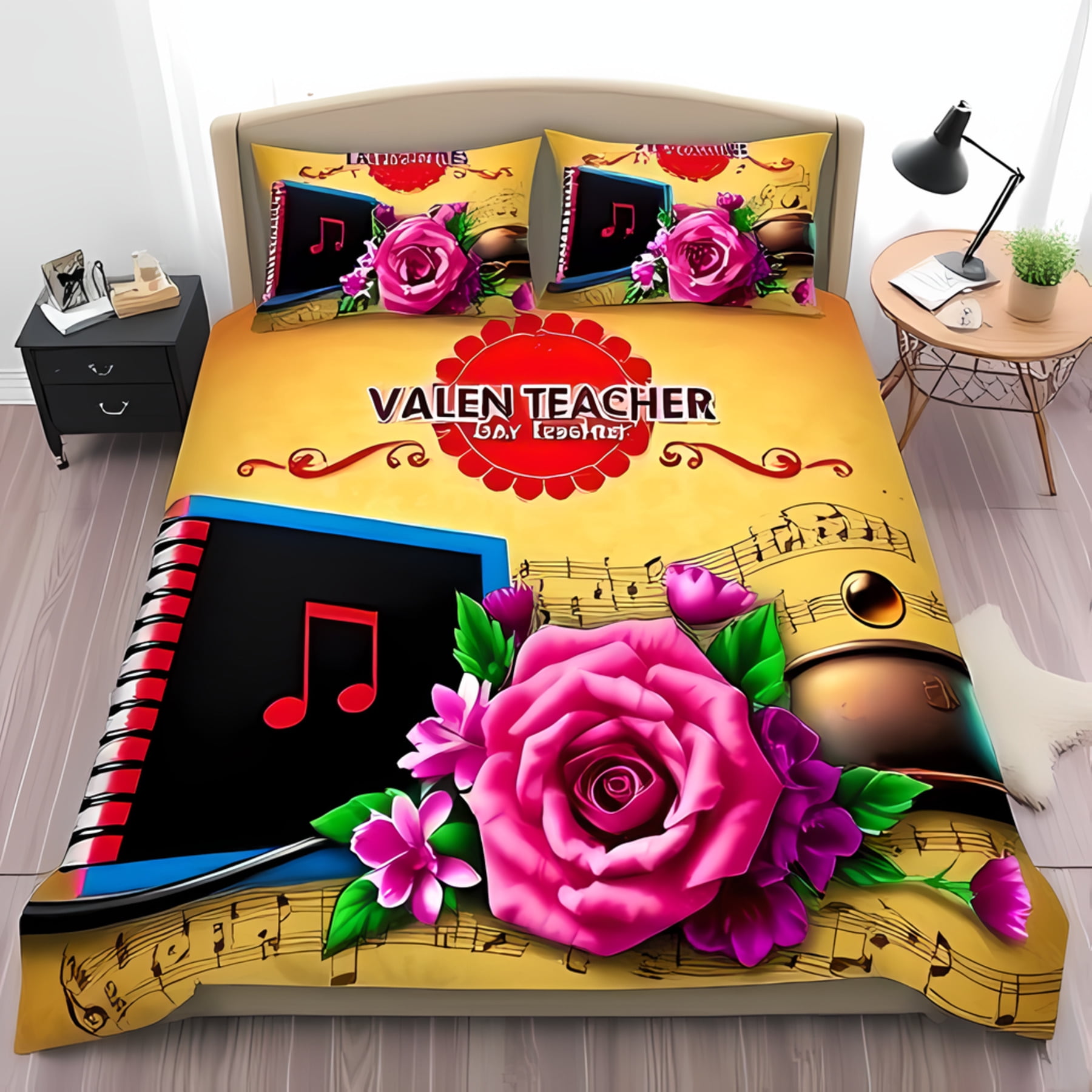 3-Piece Musical Theme Duvet Cover Set with Pink Roses & Gramophone Gold Background for Valen ...