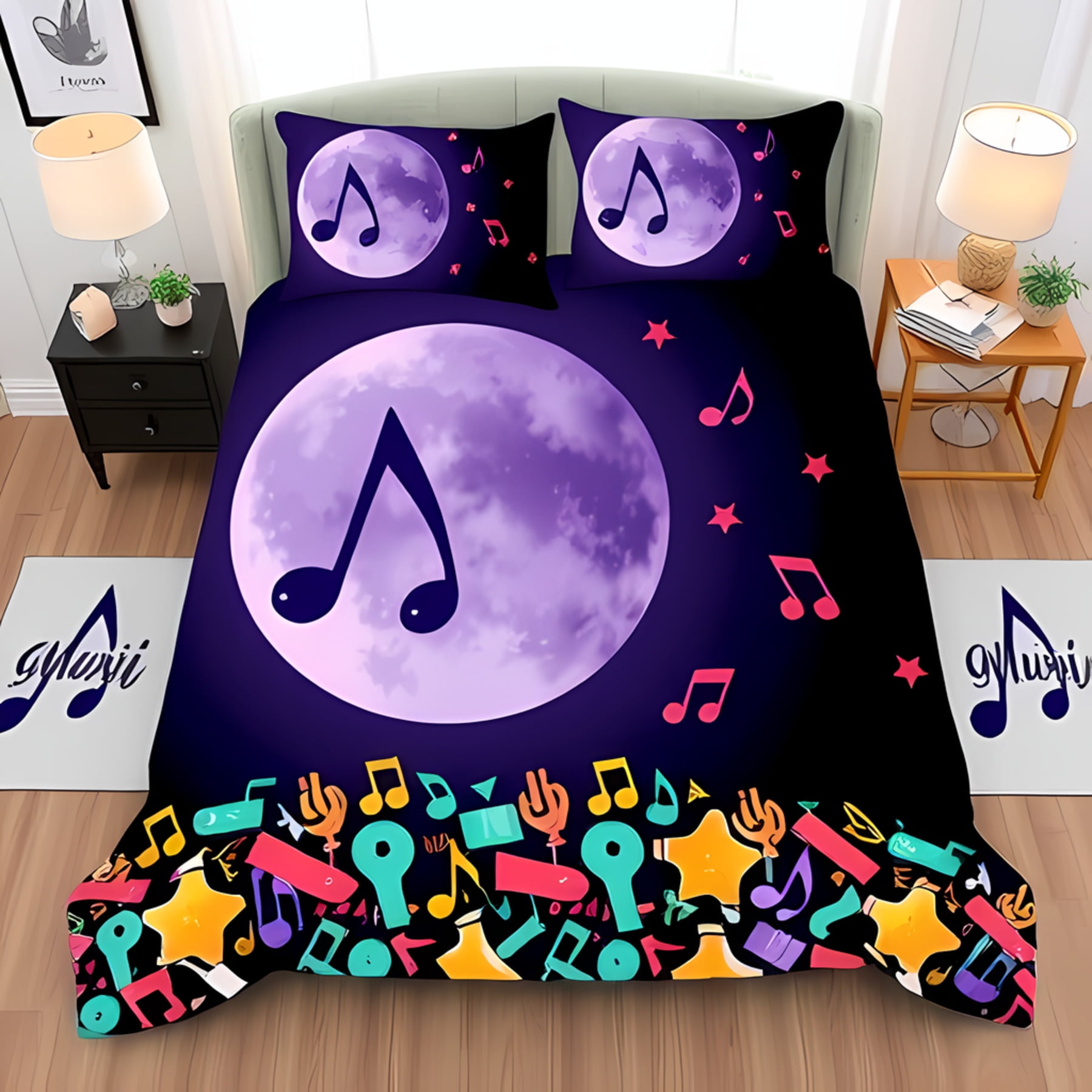 3-Piece Musiji Duvet Cover Set - Colorful Purple Moon with Musical ...