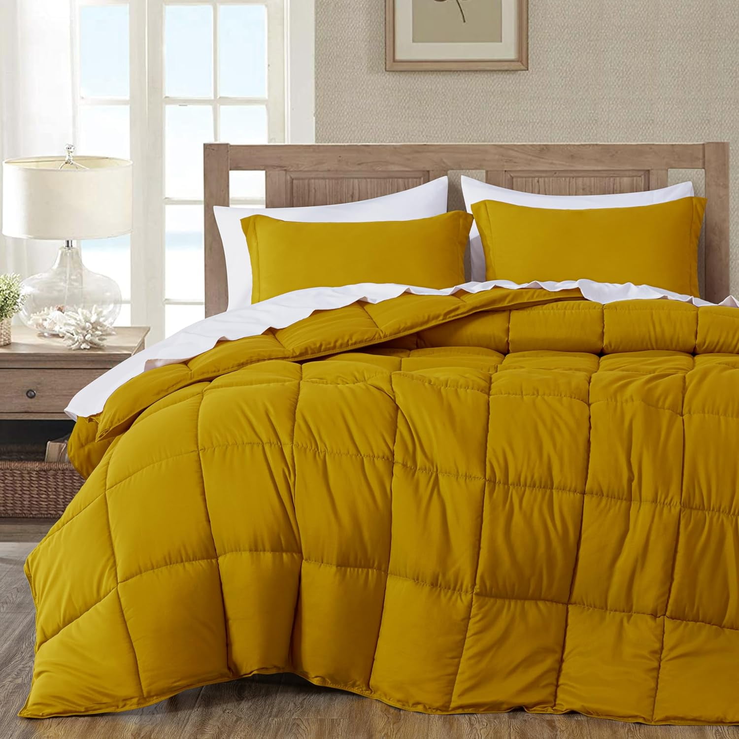 3-Piece Mustard Comforter Set Oversized King - 110GSM Peach Skin ...