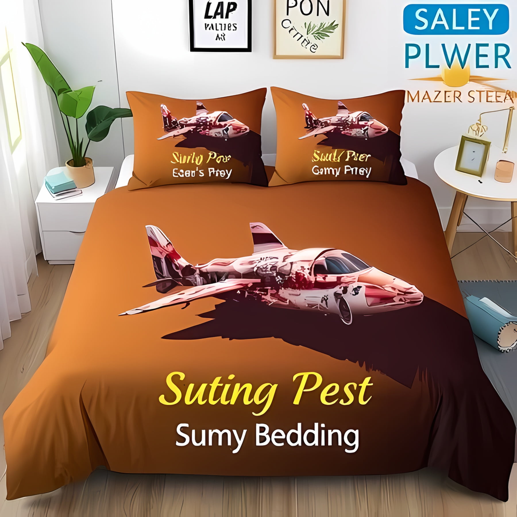 3-Piece Mustard Duvet Cover Set with Fighter Jet Design & Matching ...
