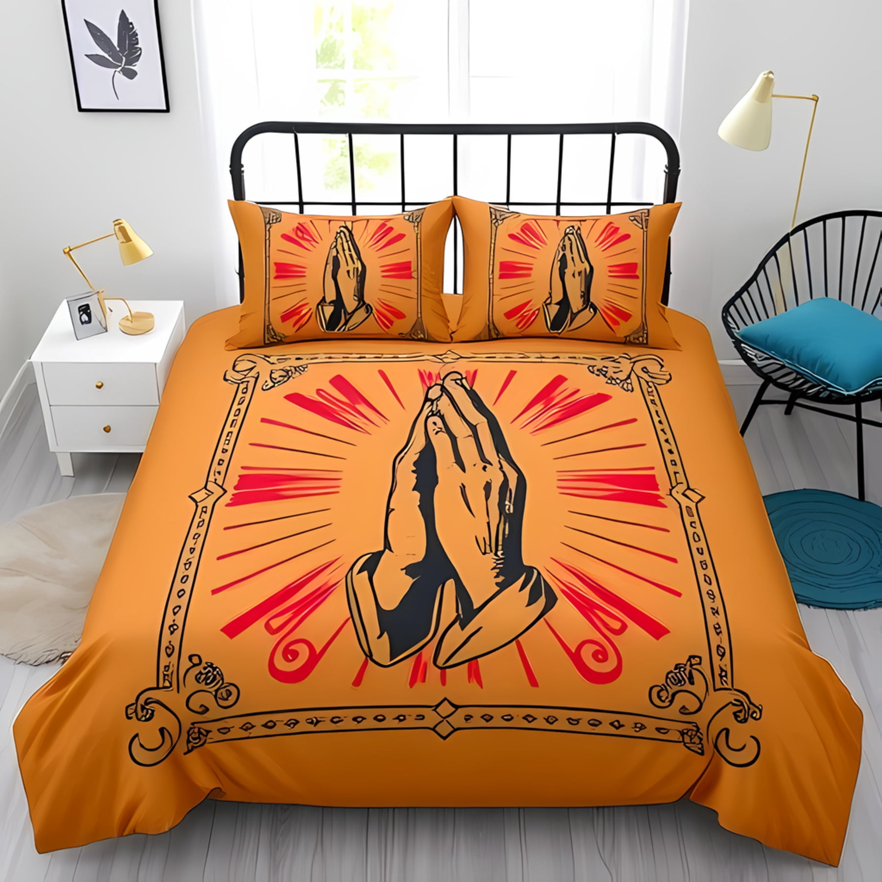 3-Piece Mustard-Yellow Duvet Cover Set with Bold Black Clasped Hands in ...