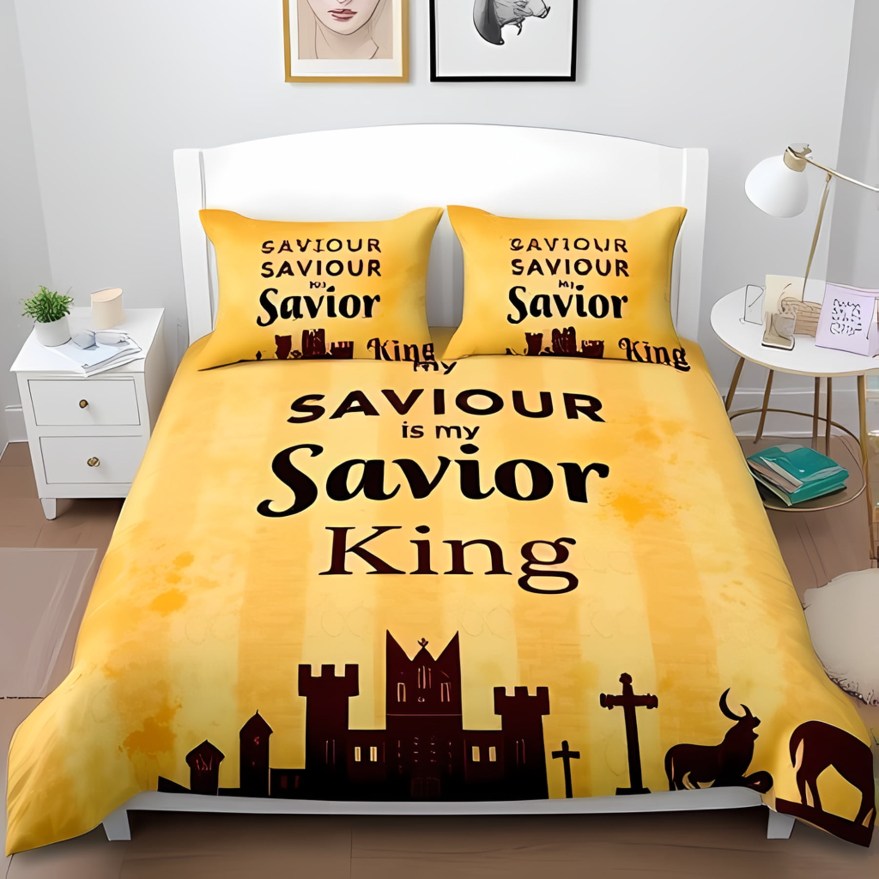 3-Piece Mustard-Yellow Duvet Cover Set with Elegant " My Saviour is my ...