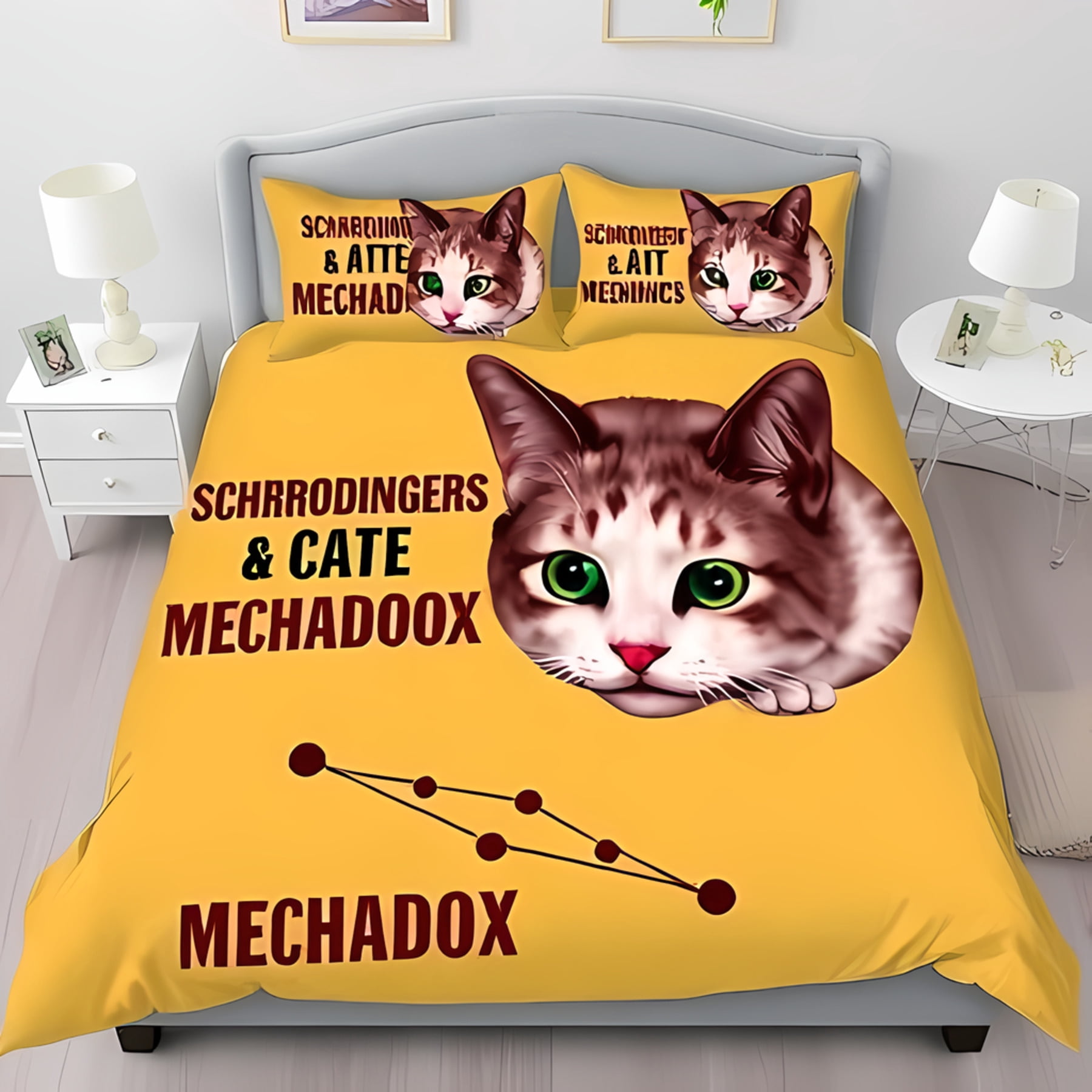 3-Piece Mustard-Yellow Duvet Cover Set with Tabby Cat Design & Text ...