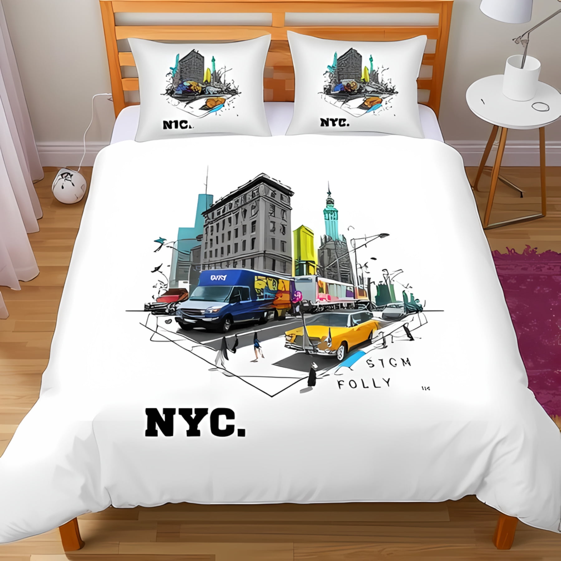 3-Piece NYC Street Scene Duvet Cover Set - Stylish White Bedding with ...