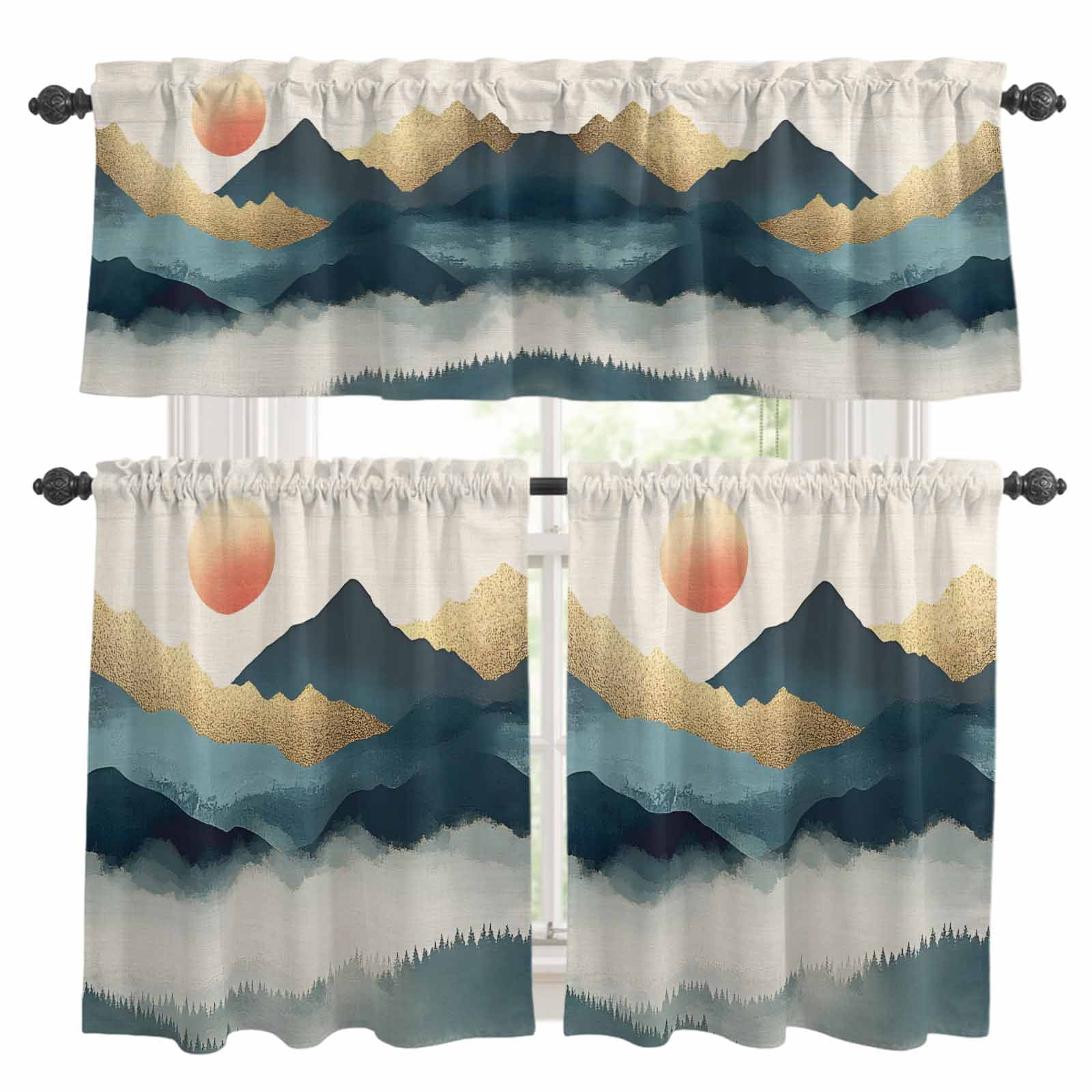 3 Piece Nature Scenery Kitchen Curtain Valance and Tiers Set Forest Sun ...