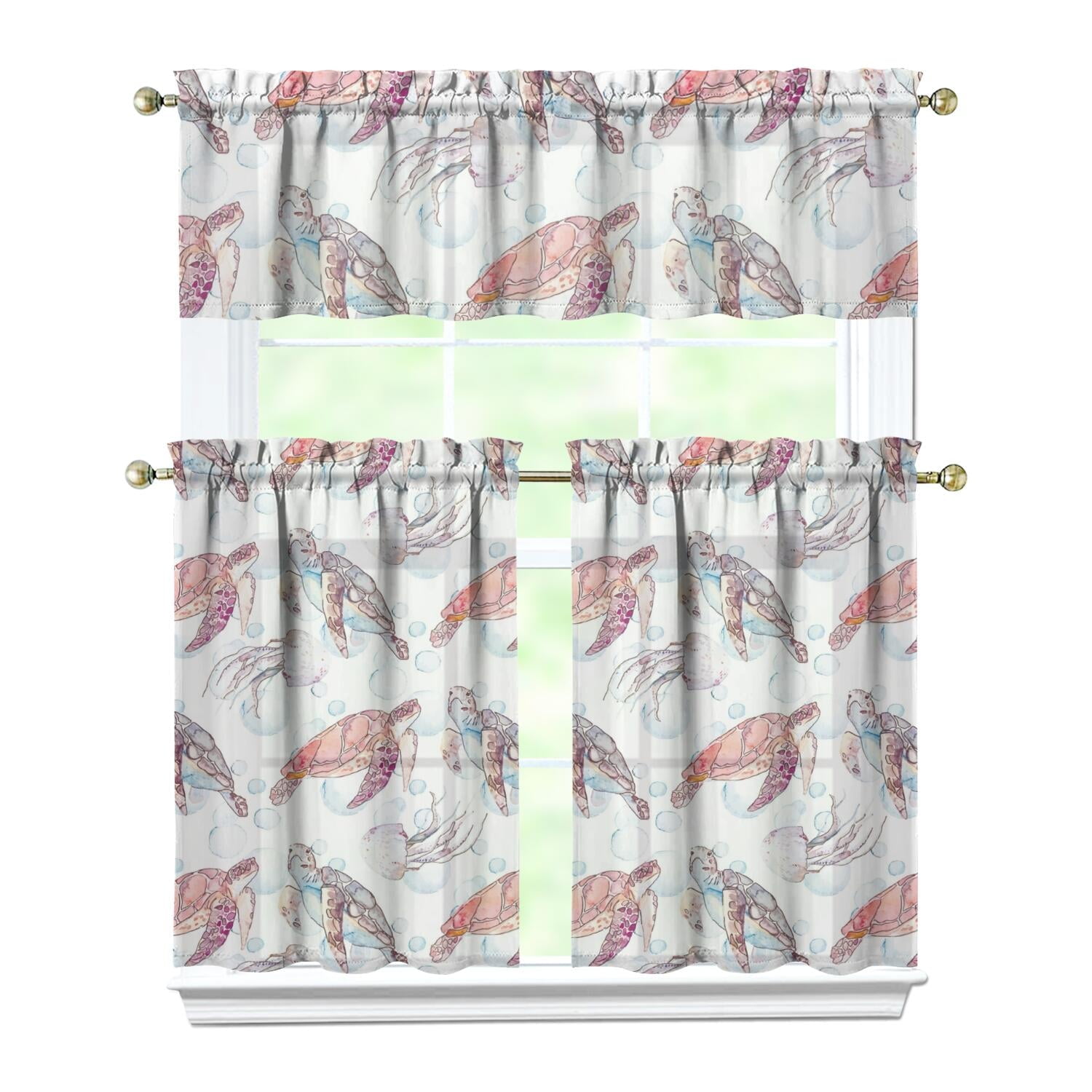 3-Piece Nautical Kitchen Curtains Set - Sea Turtle & Beach Abstract ...