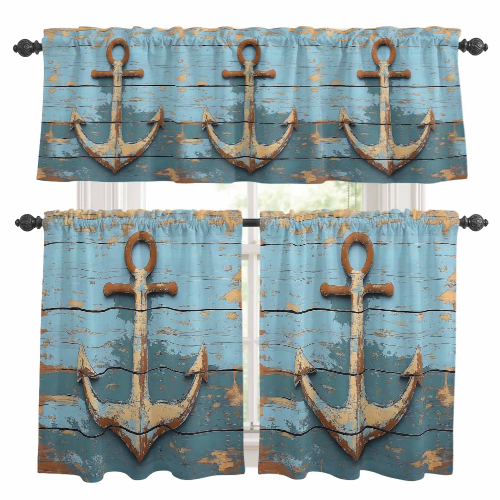3 Piece Nautical Marine Kitchen Curtain Valance and Tiers Set Vintage ...