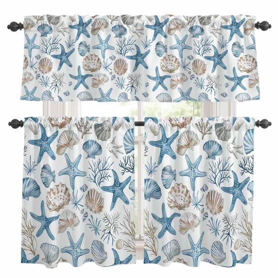 3 Piece Nautical Ocean Kitchen Curtain Valance and Tiers Set Retro Blue ...