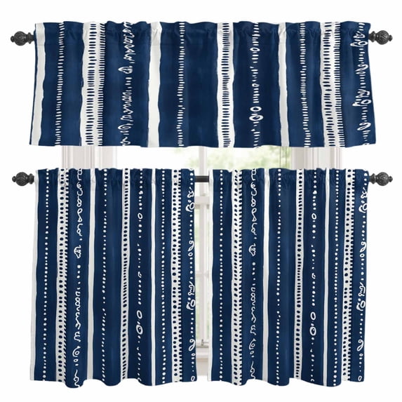 3 Piece Navy Blue Boho Kitchen Curtain Valance and Tiers Set Geometric ...