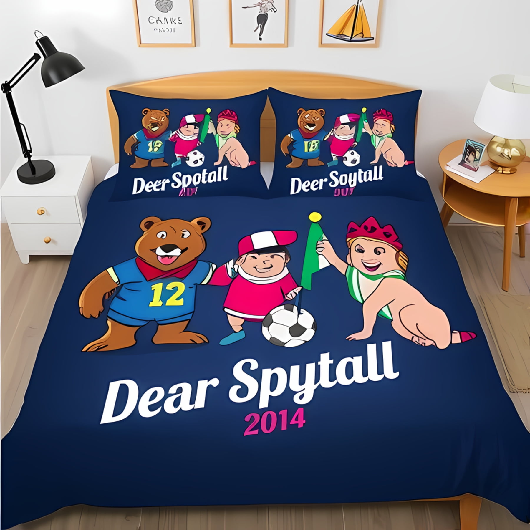 3-Piece Navy Blue Cartoon Duvet Cover Set with Playful Bear and Soccer ...