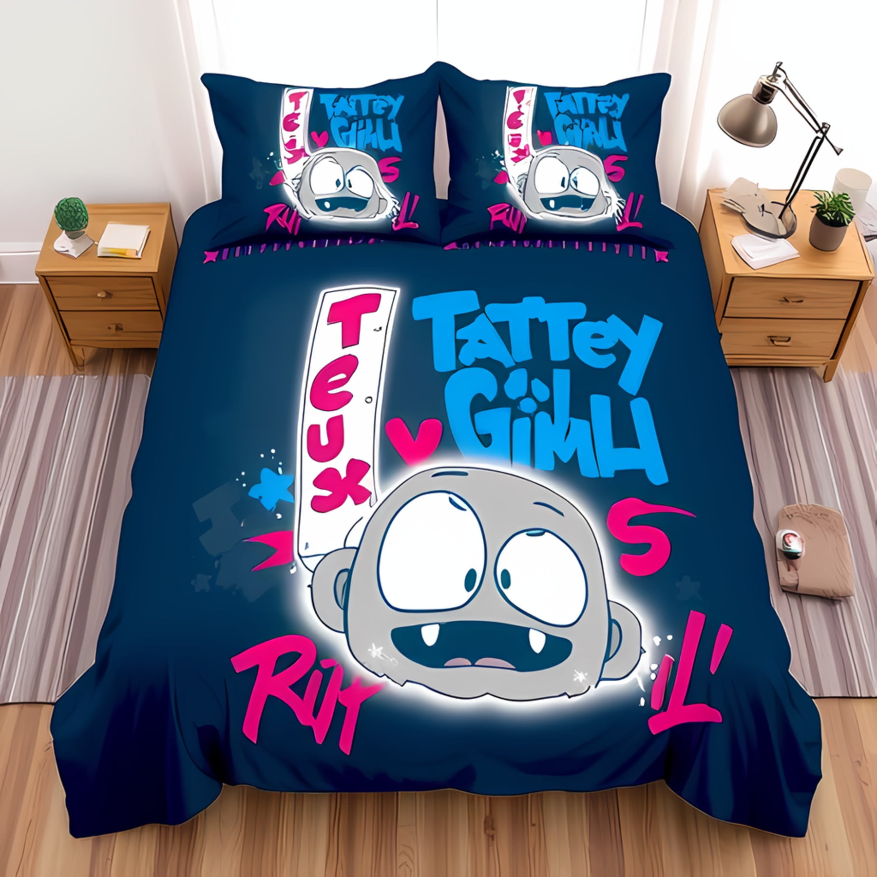 3-Piece Navy Blue Cartoon Duvet Cover Set with Vibrant Graphics ...