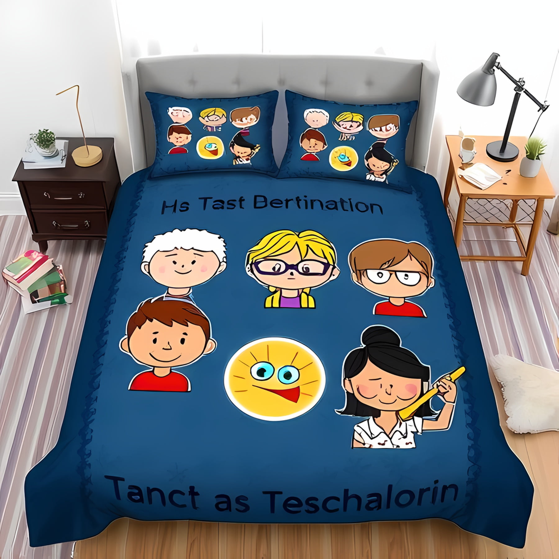 3-Piece Navy Blue Comforter Set with Cartoon & Winking Sun - Fun ...