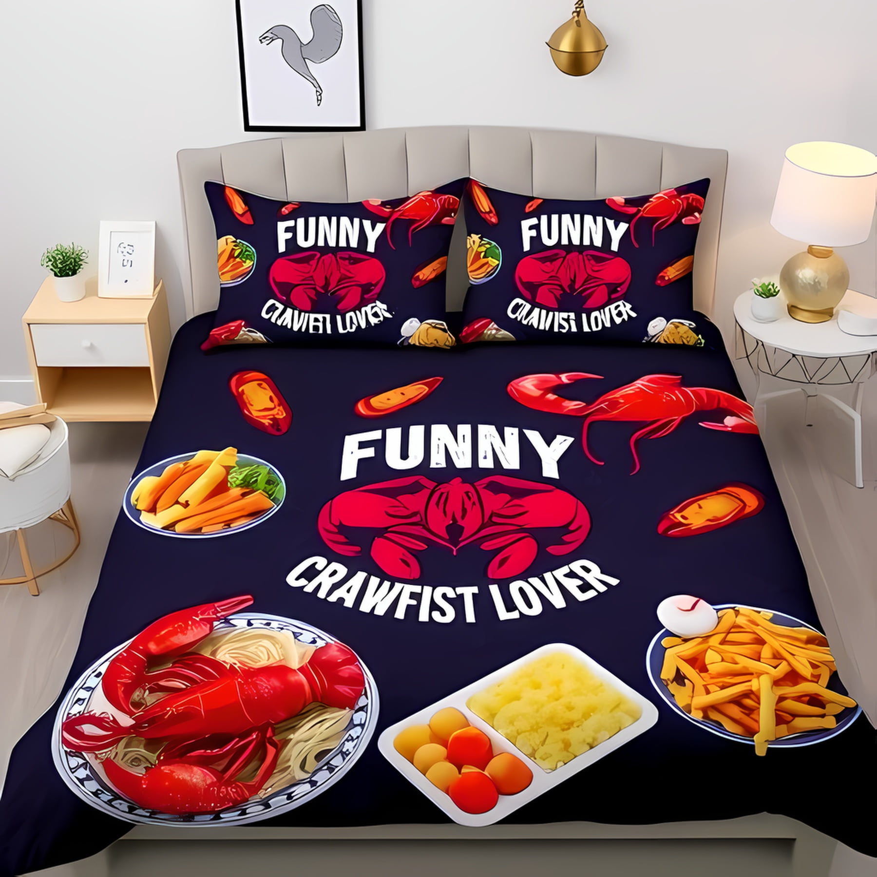 3-Piece Navy Blue Crawfish Duvet Cover Set with Funny Crawfist Lover ...