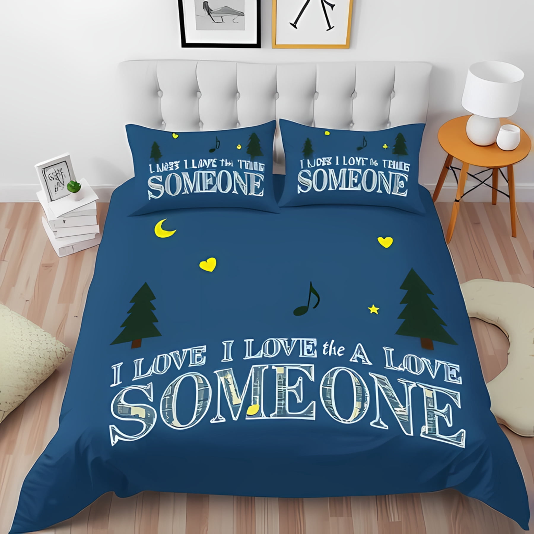 3-Piece Navy Blue Duvet Cover Set with Playful Design - " I LOVE I LOVE ...