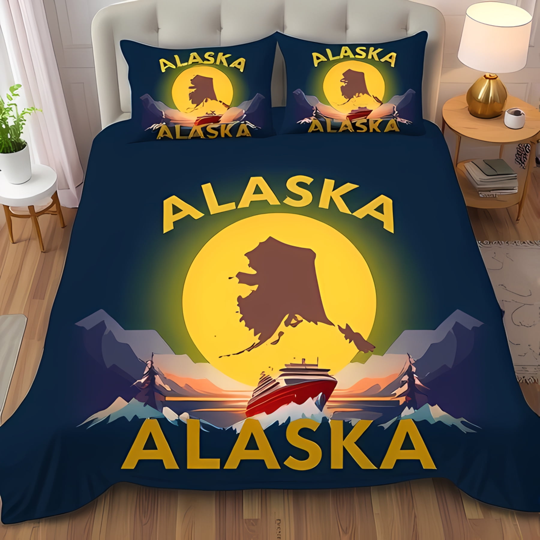 3-Piece Navy Blue Duvet Cover Set with Alaskan Landscape Yellow Sun ...