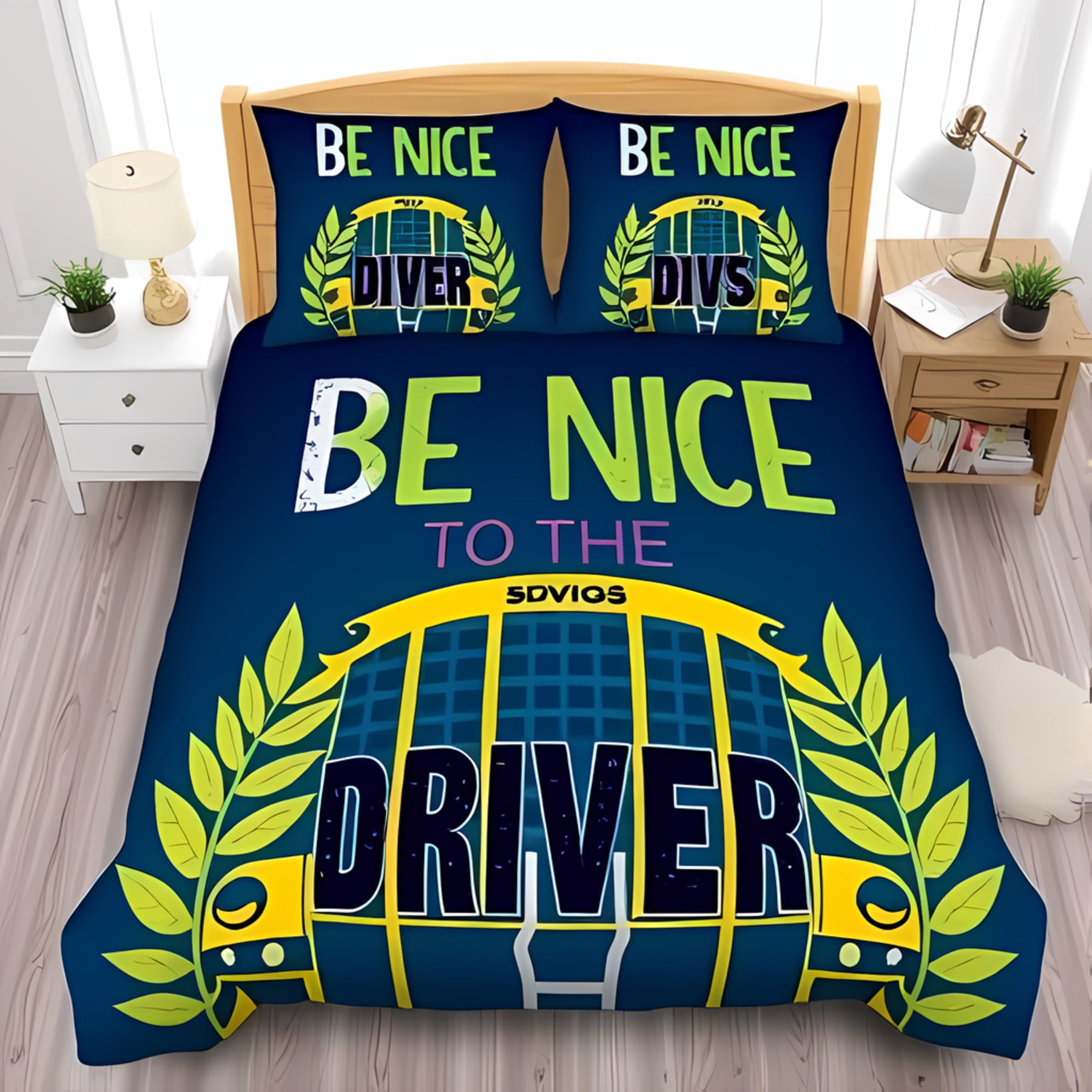 3-Piece Navy Blue Duvet Cover Set with " Be Nice to the Driver " Design ...