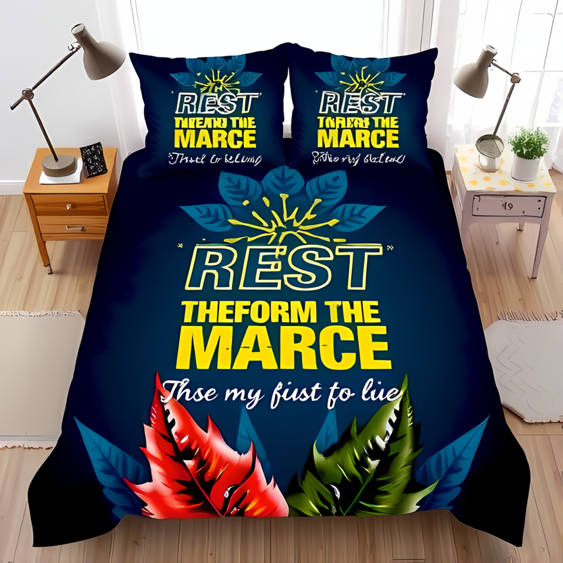 3-Piece Navy Blue Duvet Cover Set with Bold Floral Design & Bright Yellow Text - Modern Tropical ...