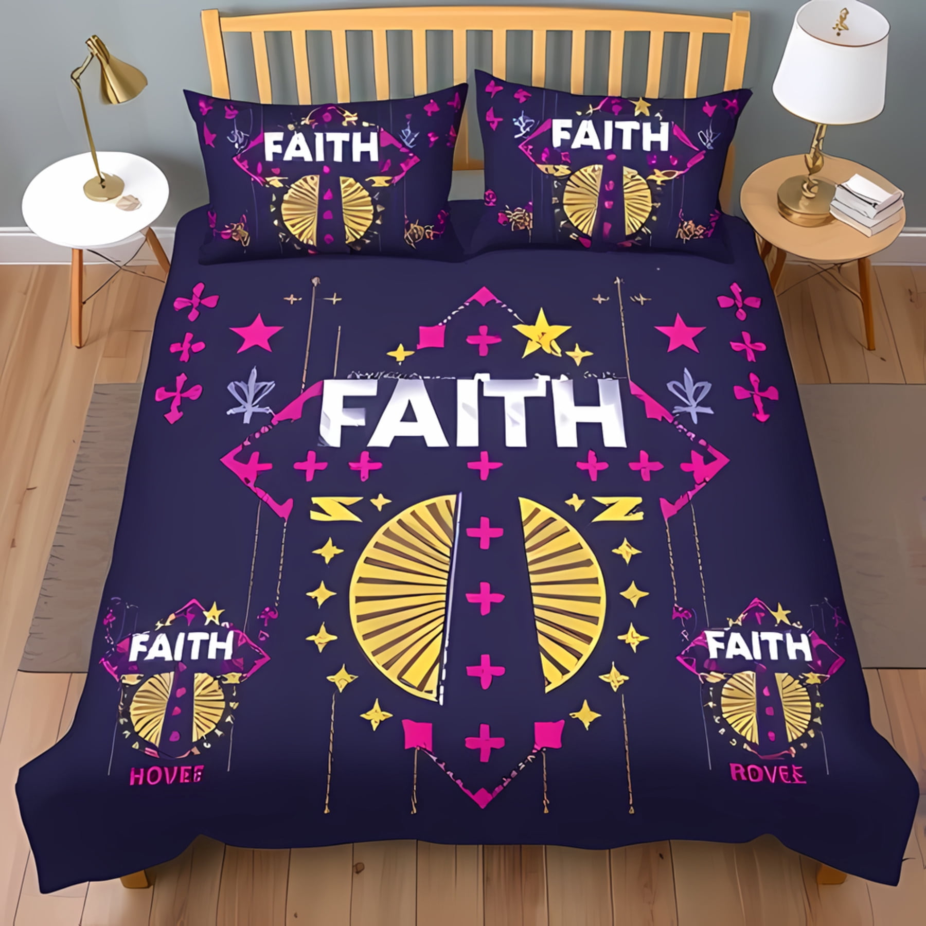 3-Piece Navy Blue Duvet Cover Set with Bold Geometric 'FAITH' Design ...
