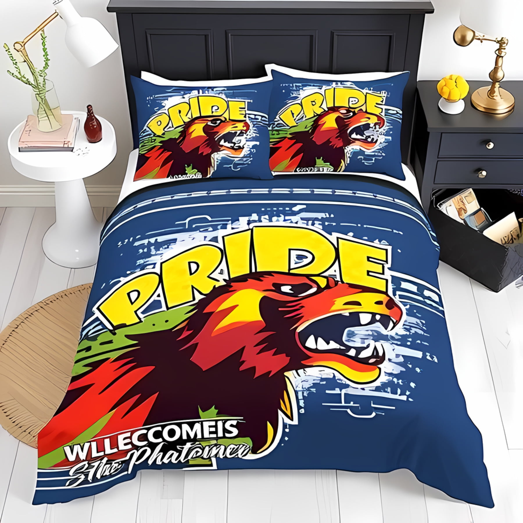 3-Piece Navy Blue Duvet Cover Set with Bold Graphic Bird of Prey Design " PRIDE " Text and ...