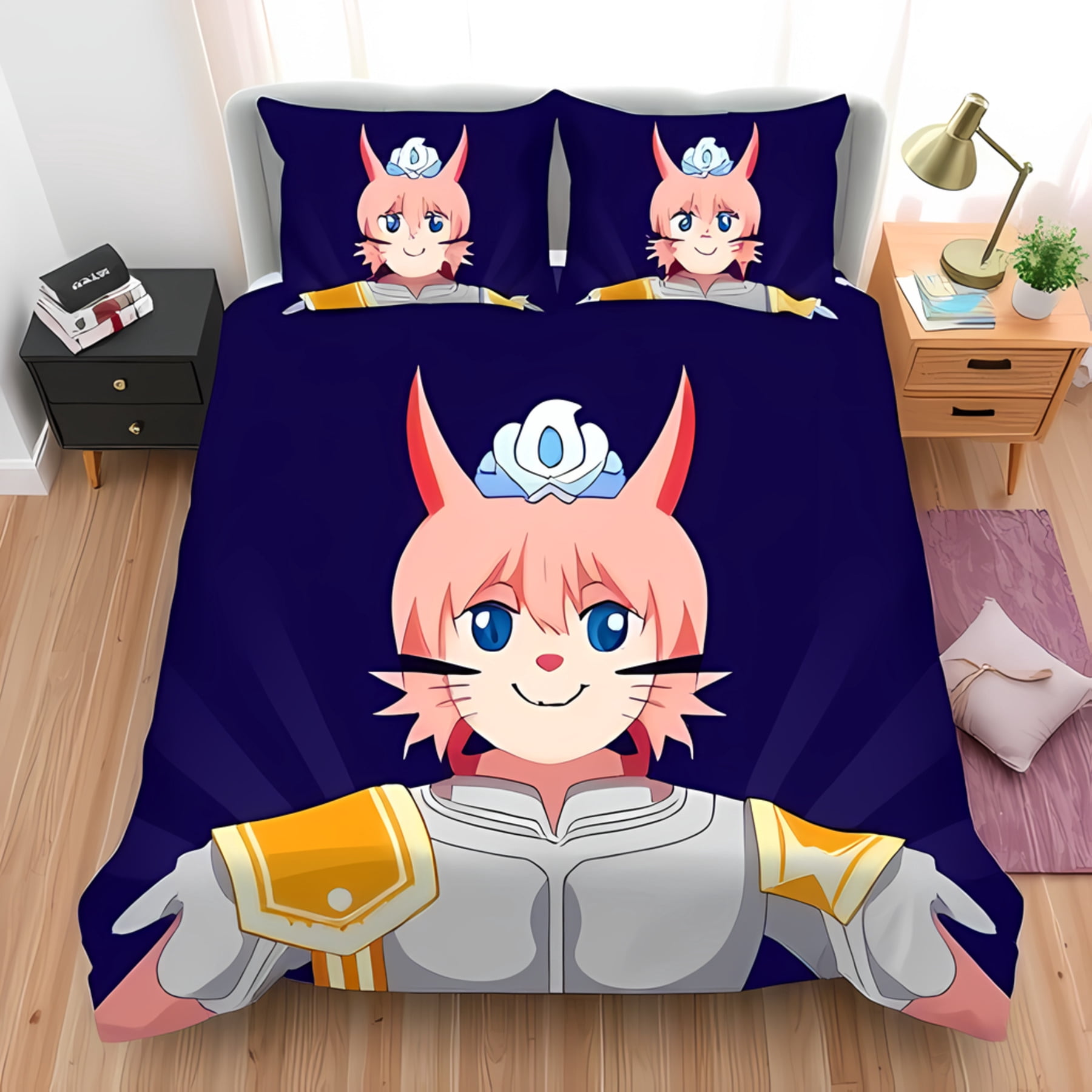 3-Piece Navy Blue Duvet Cover Set with Cartoon Cat in Silver & Gold ...