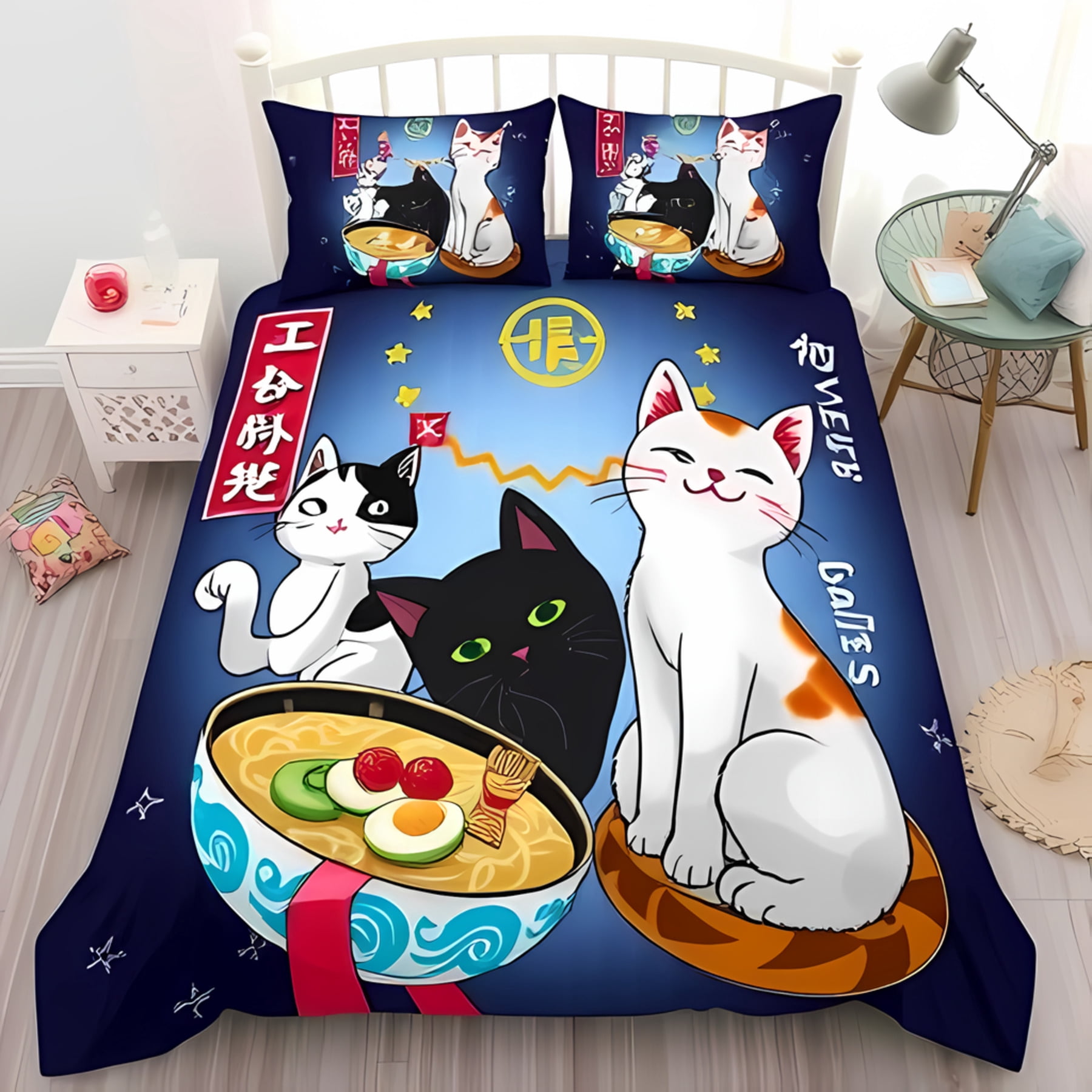 3-Piece Navy Blue Duvet Cover Set with Cartoon Cats & Ramen Design ...