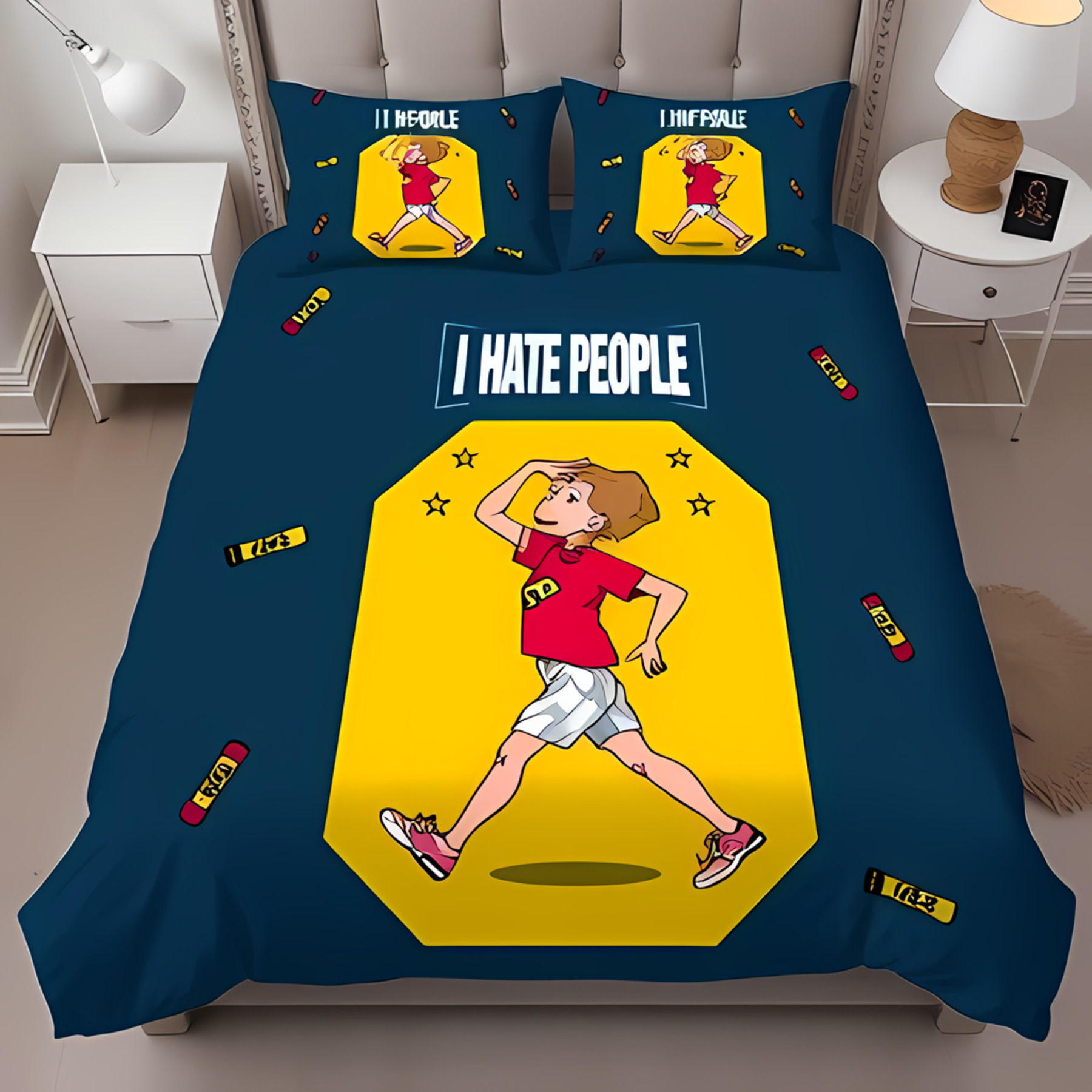 3-Piece Navy Blue Duvet Cover Set with Cartoon Character Bold 'I HATE ...