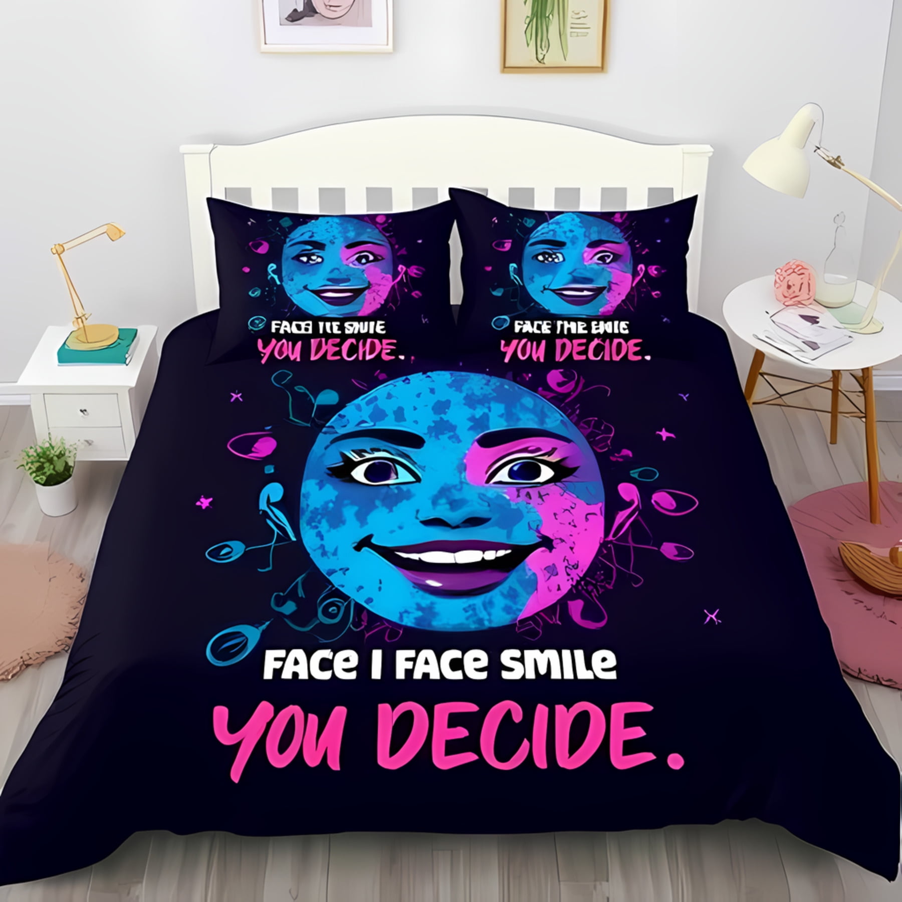 3-Piece Navy Blue Duvet Cover Set with Cheerful Stylized Moon Face ...