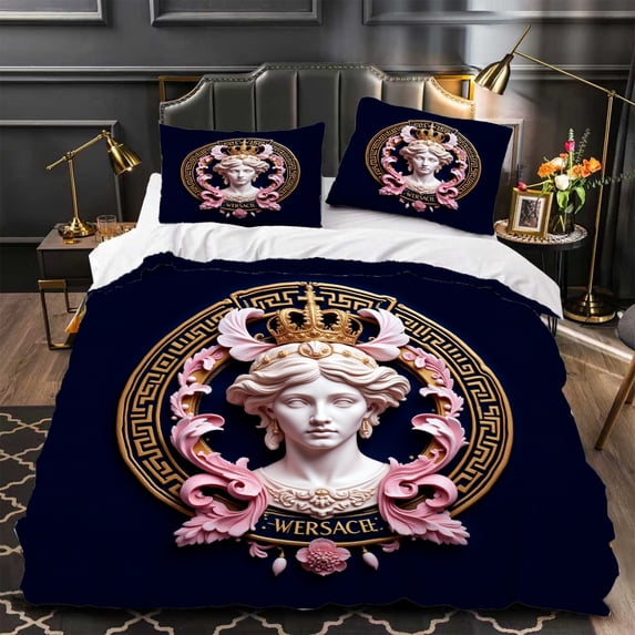 3-Piece Navy Blue Duvet Cover Set with Classical Statue Design Ornate ...