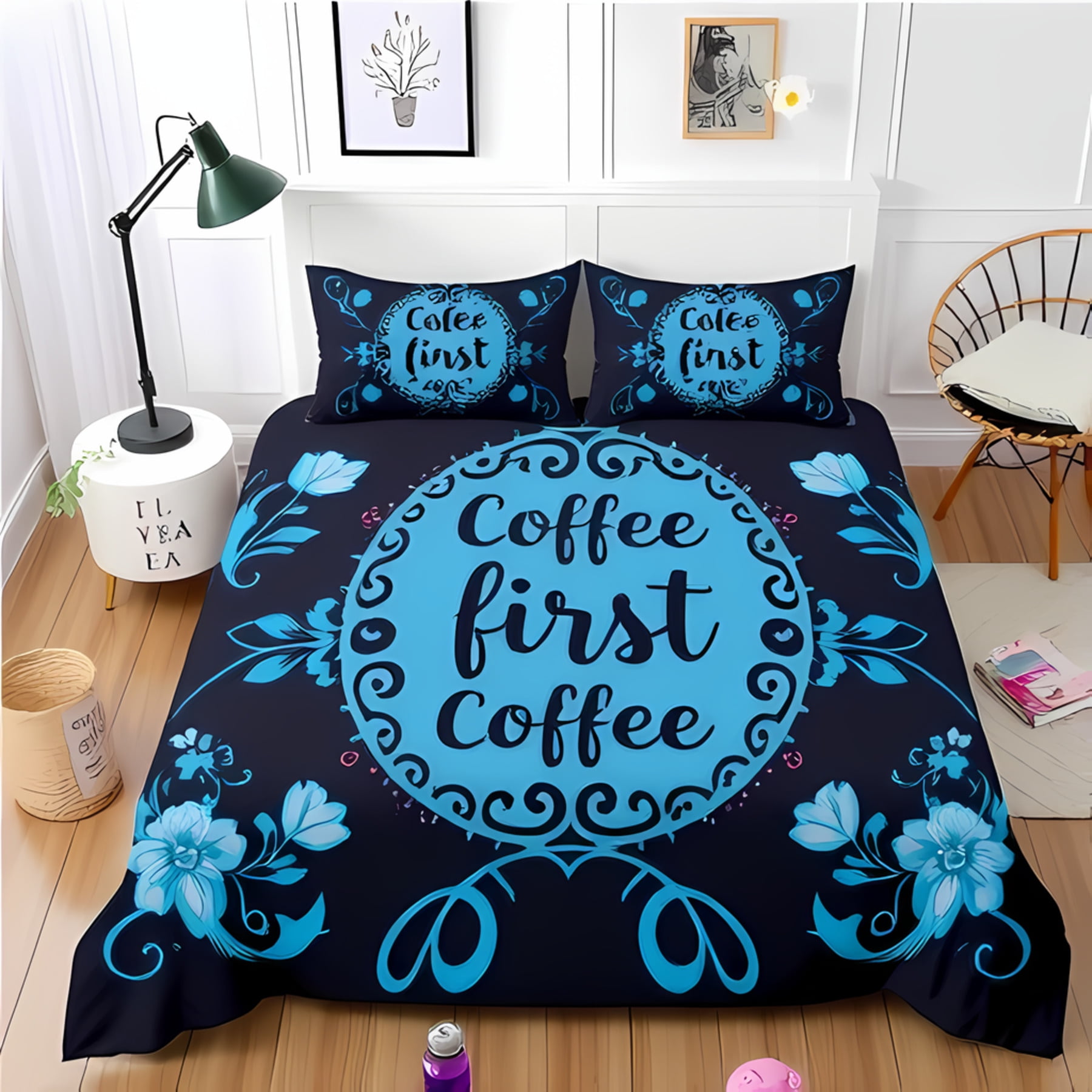 3-Piece Navy Blue Duvet Cover Set with "Coffee First Coffee" Design ...