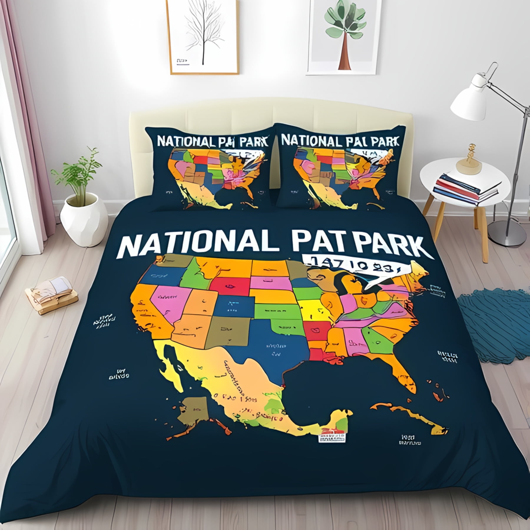 3-Piece Navy Blue Duvet Cover Set with Colorful Cartoon Map of the USA & Mexico Includes ...