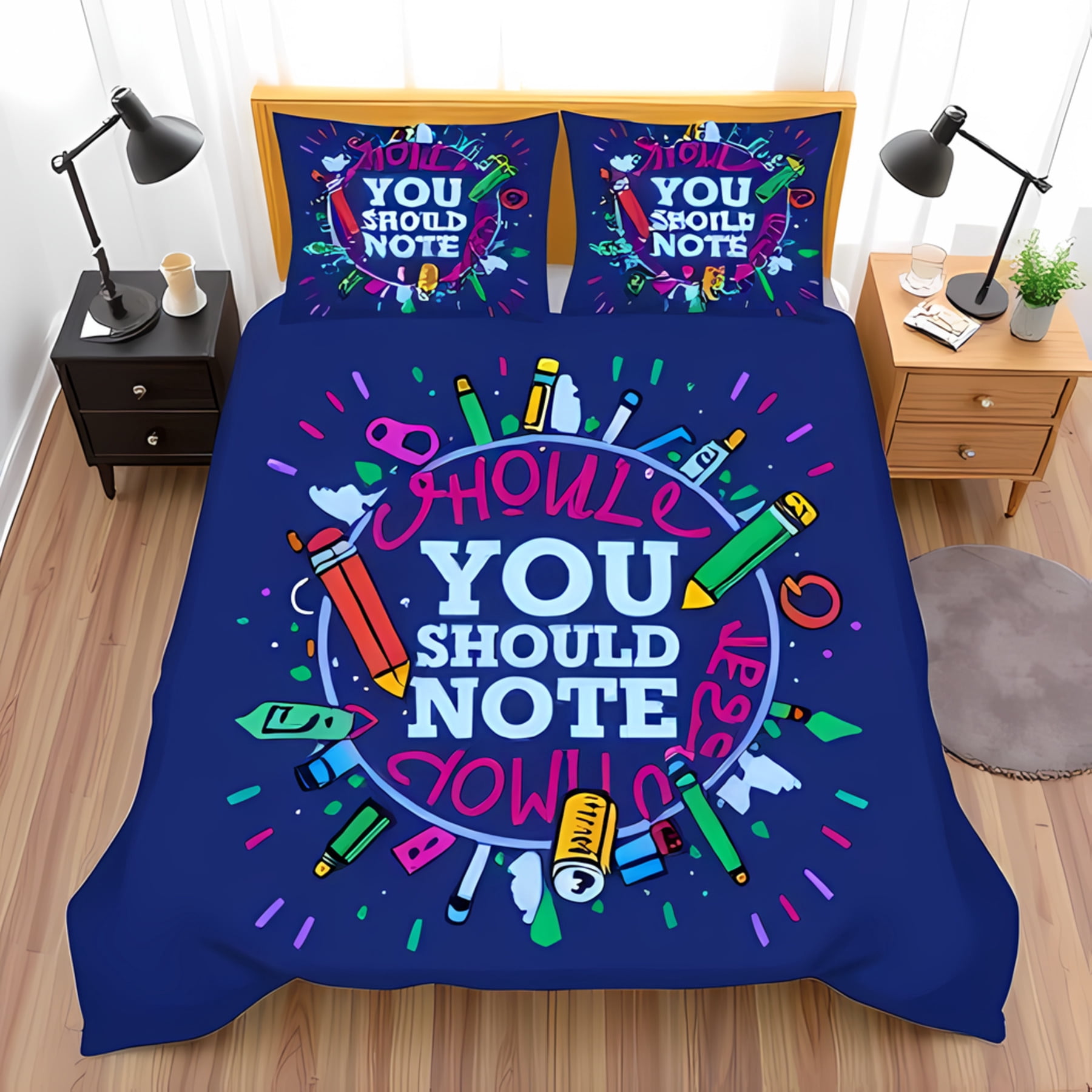 3-Piece Navy Blue Duvet Cover Set with Colorful Educational Design ...