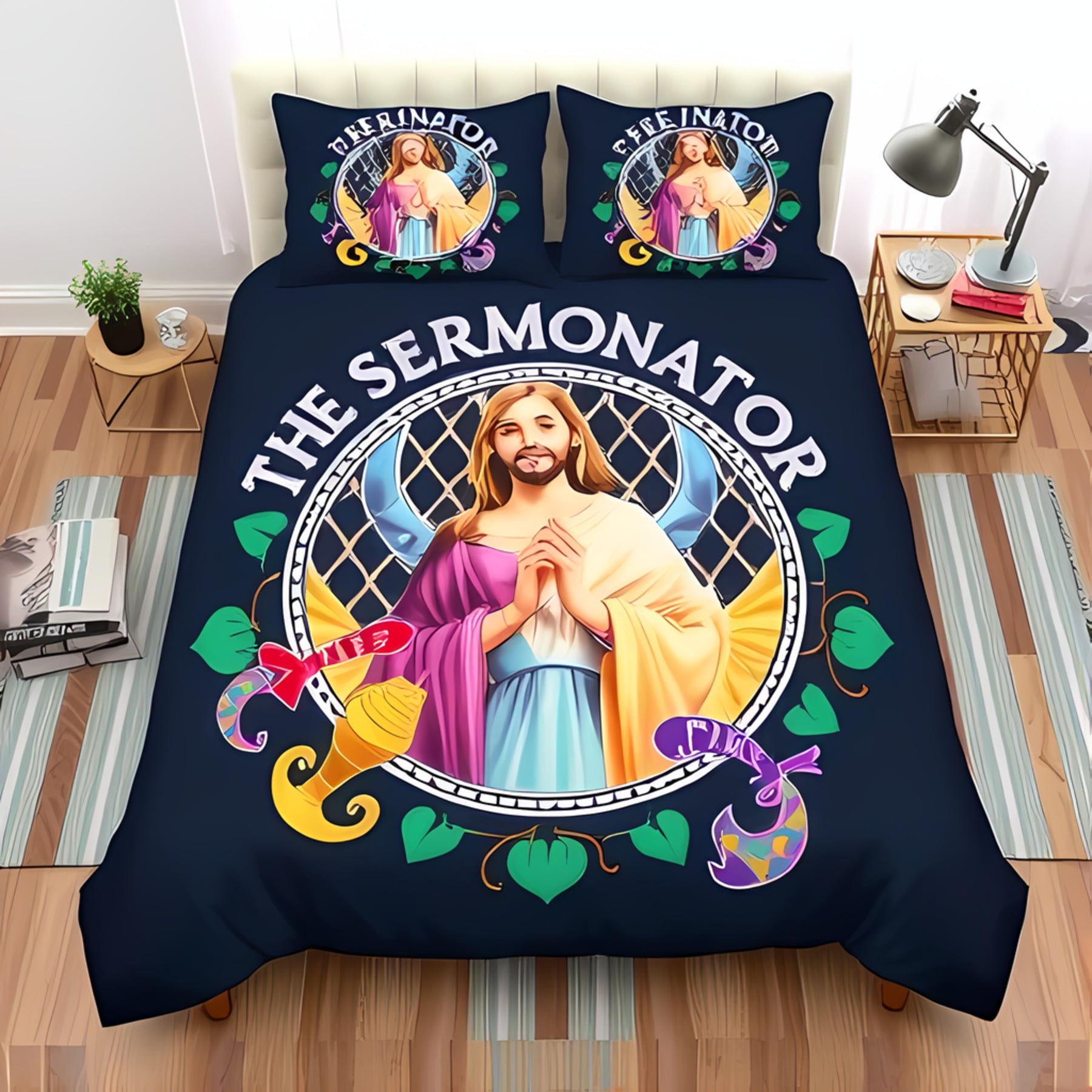 3-Piece Navy Blue Duvet Cover Set with Colorful Illustration Rainbow ...