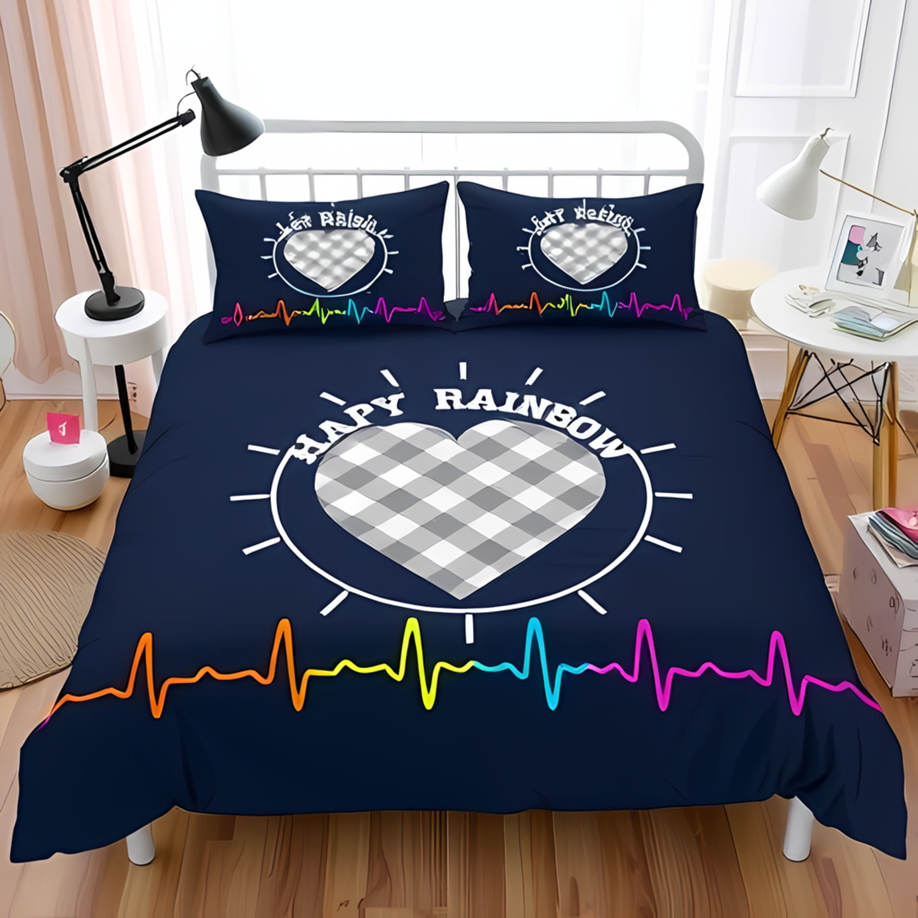 3-Piece Navy Blue Duvet Cover Set with Grey Heart Design & Rainbow ...