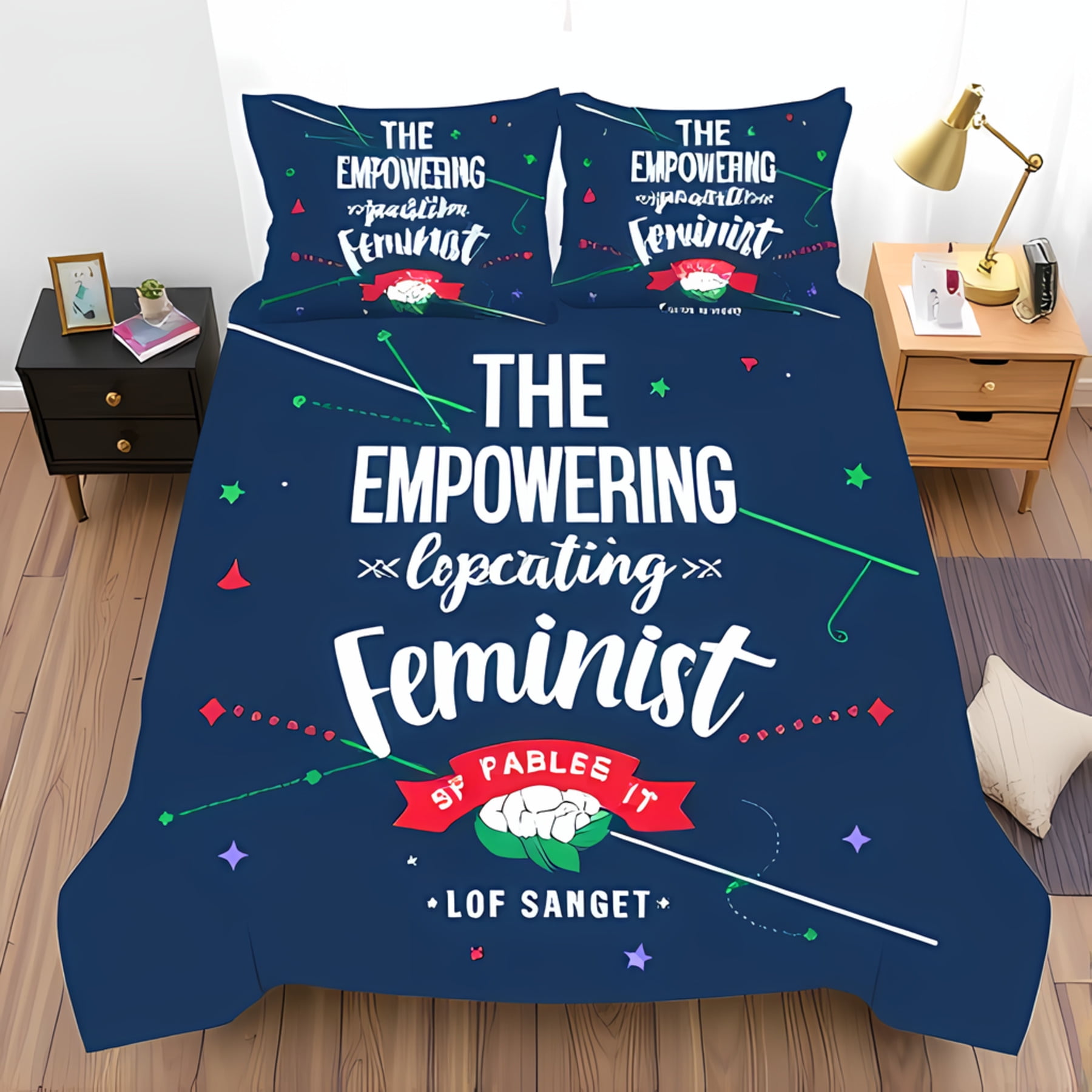 3-Piece Navy Blue Duvet Cover Set with Motivational Feminist Quote in ...
