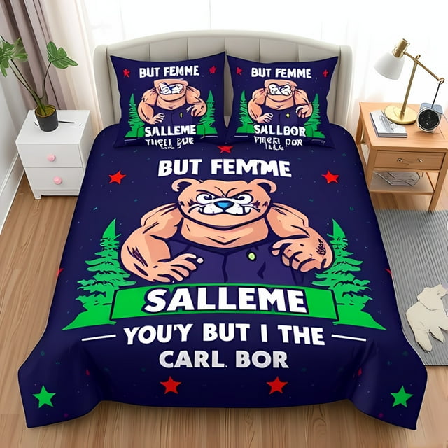 3-Piece Navy Blue Duvet Cover Set with Muscular Bear & Whimsical Forest ...