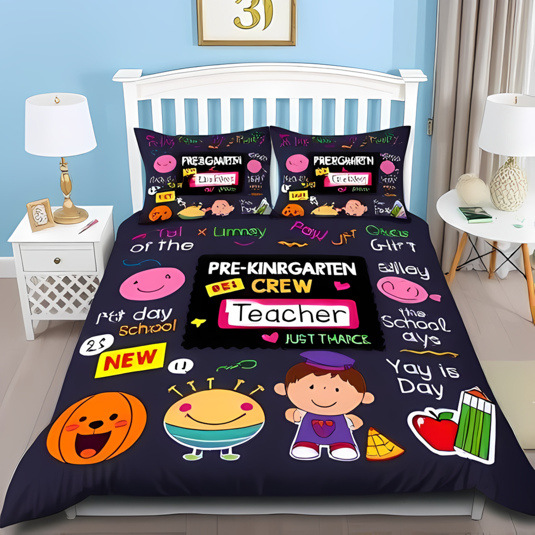 3-Piece Navy Blue Duvet Cover Set with Playful Design Colorful School ...