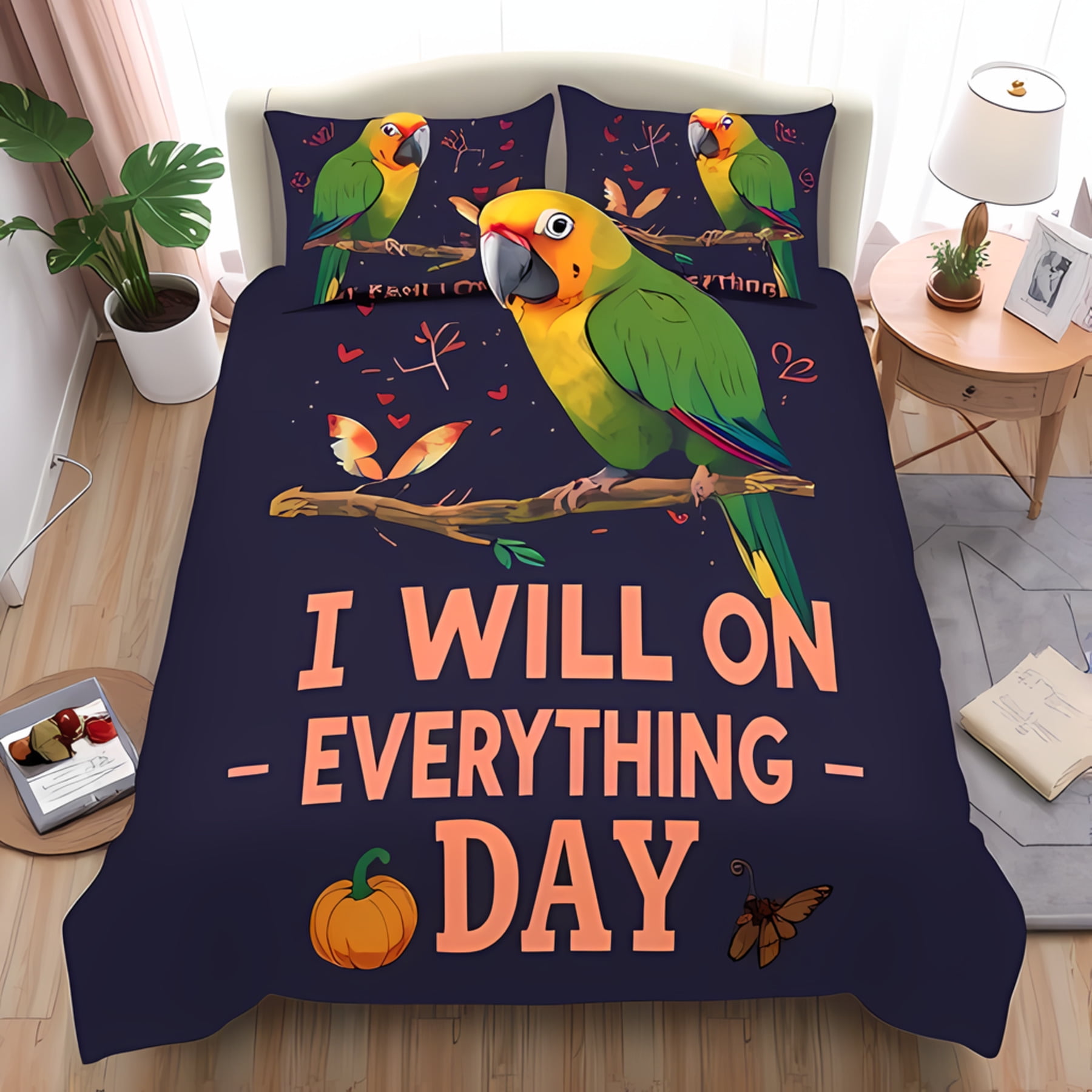 3-Piece Navy Blue Duvet Cover Set with Sun Conure Parrot Autumn Leaves ...