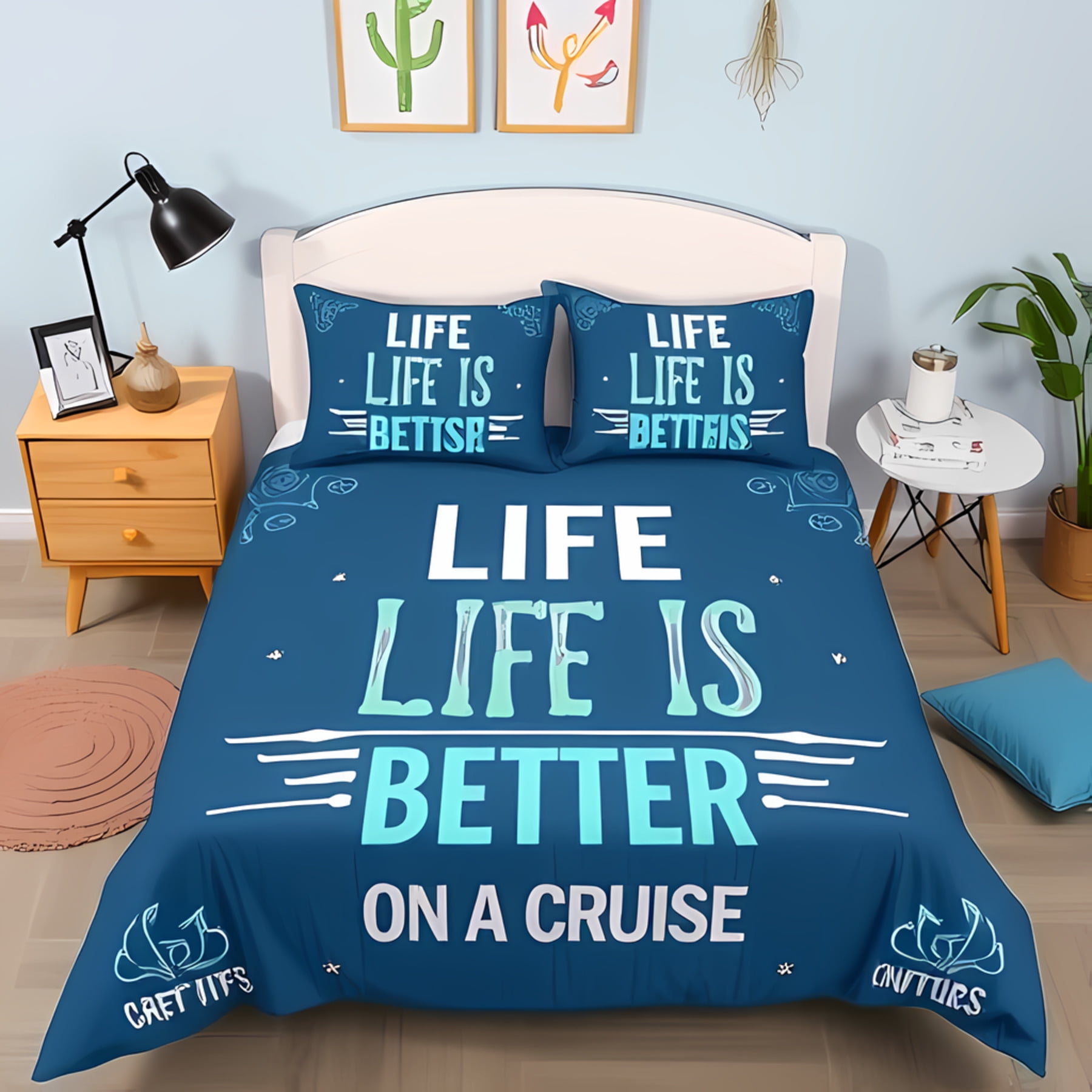 3-Piece Navy Blue Duvet Cover Set with Teal & White "Life is Better on ...