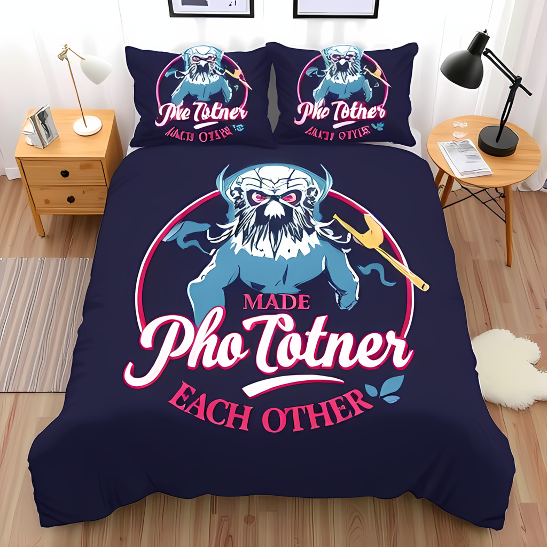 3-Piece Navy Blue Duvet Cover Set with Unique Horned Creature Design ...