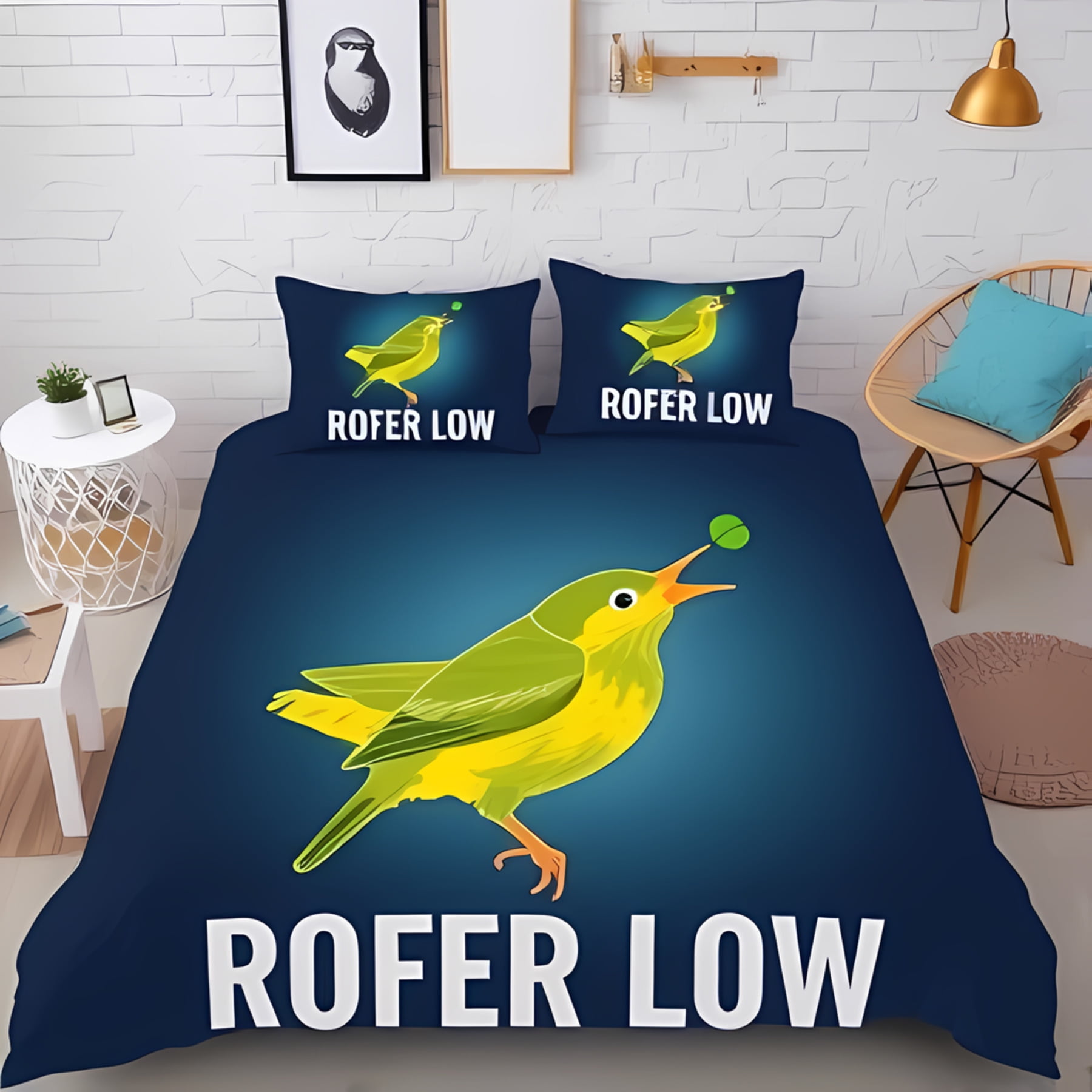 3-Piece Navy Blue Duvet Cover Set with Vibrant Yellow Bird Design ...
