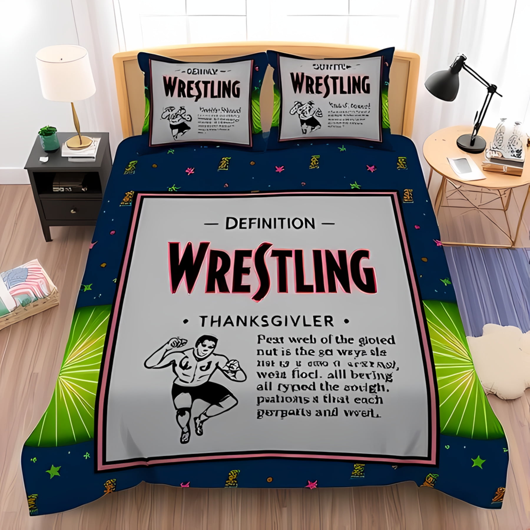 3-Piece Navy Blue Duvet Cover Set with Vintage Wrestling Poster Design ...