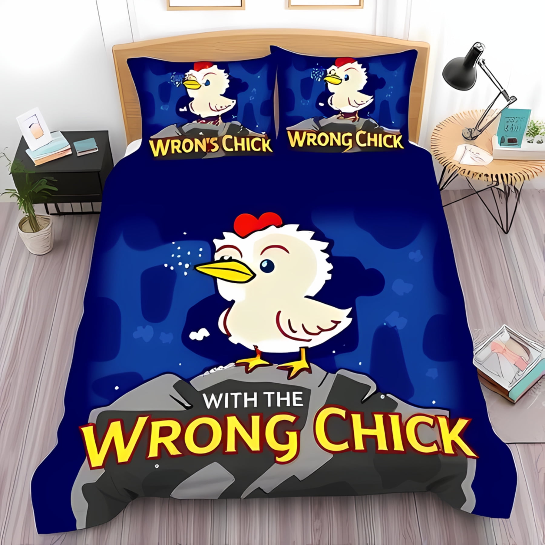 3-Piece Navy Blue Duvet Cover Set with Whimsical Cartoon Chicken Design ...