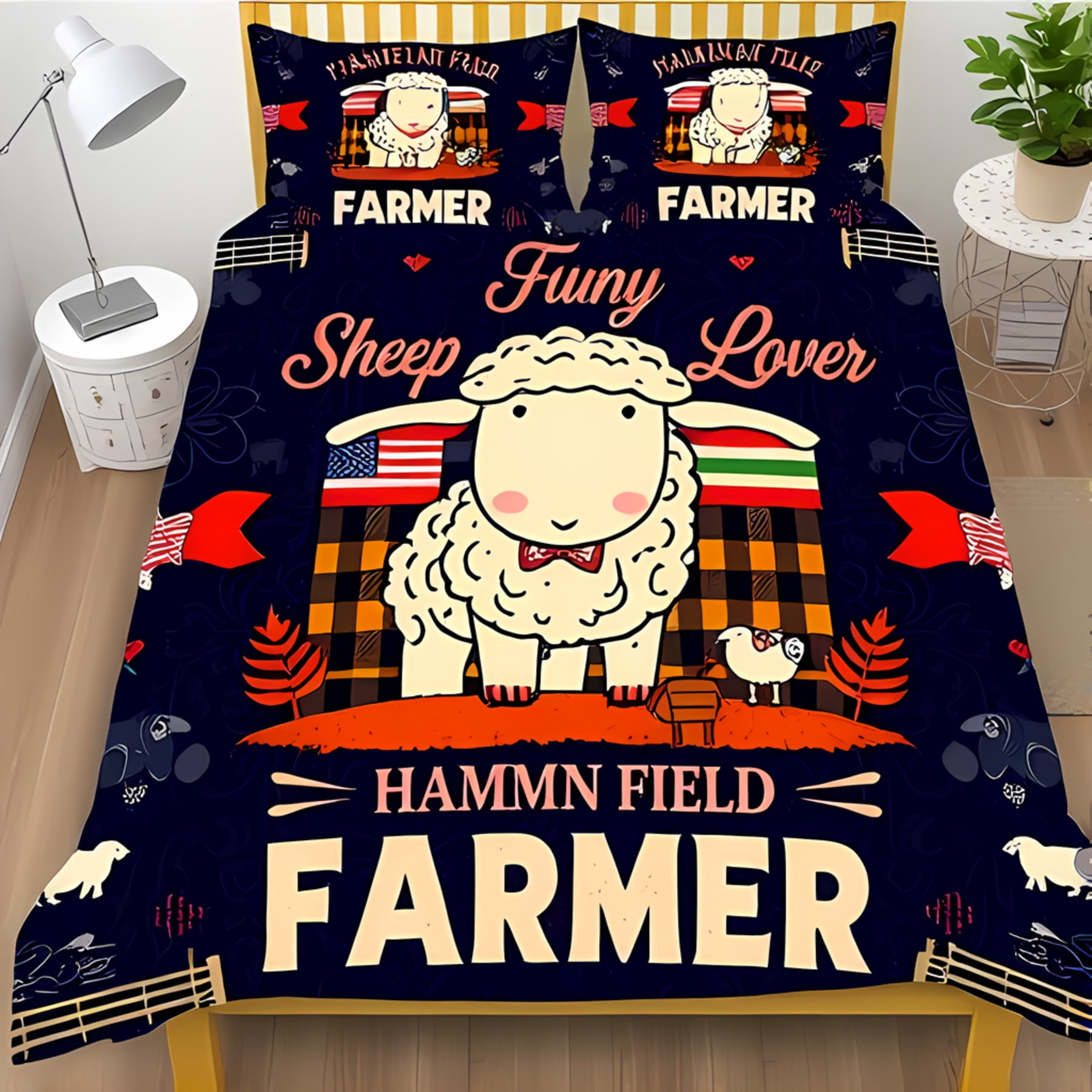 3-Piece Navy Blue Duvet Cover Set with Whimsical Cartoon Sheep Bow Tie ...