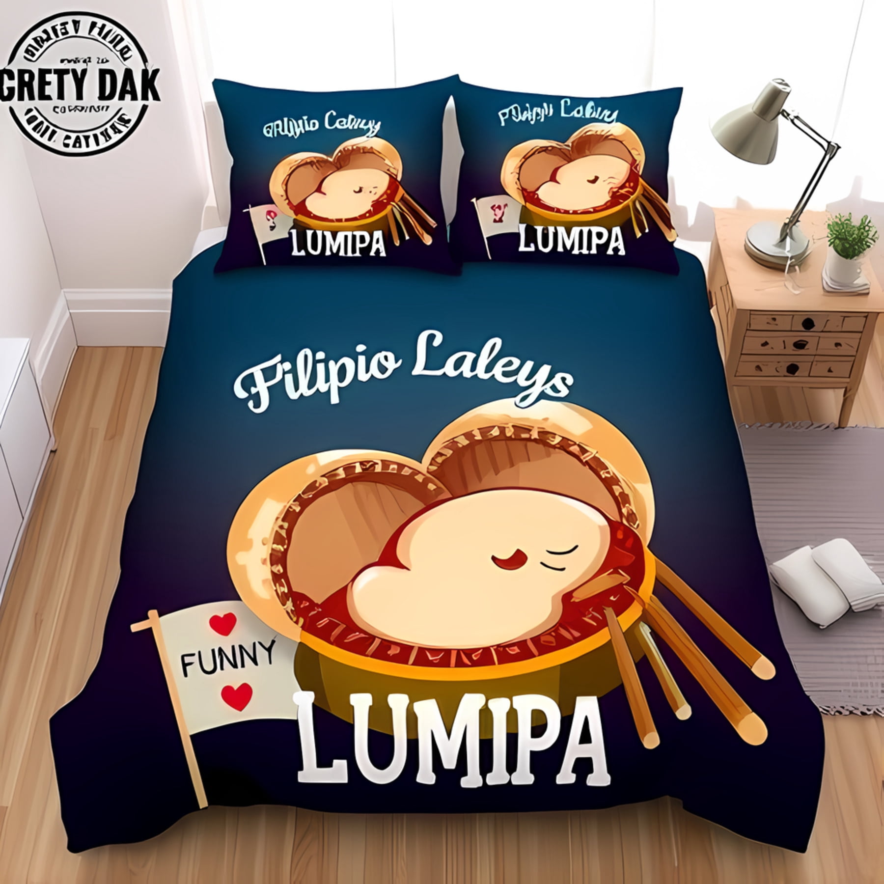 3-Piece Navy Blue Duvet Cover Set with Whimsical Lumpia Illustration ...