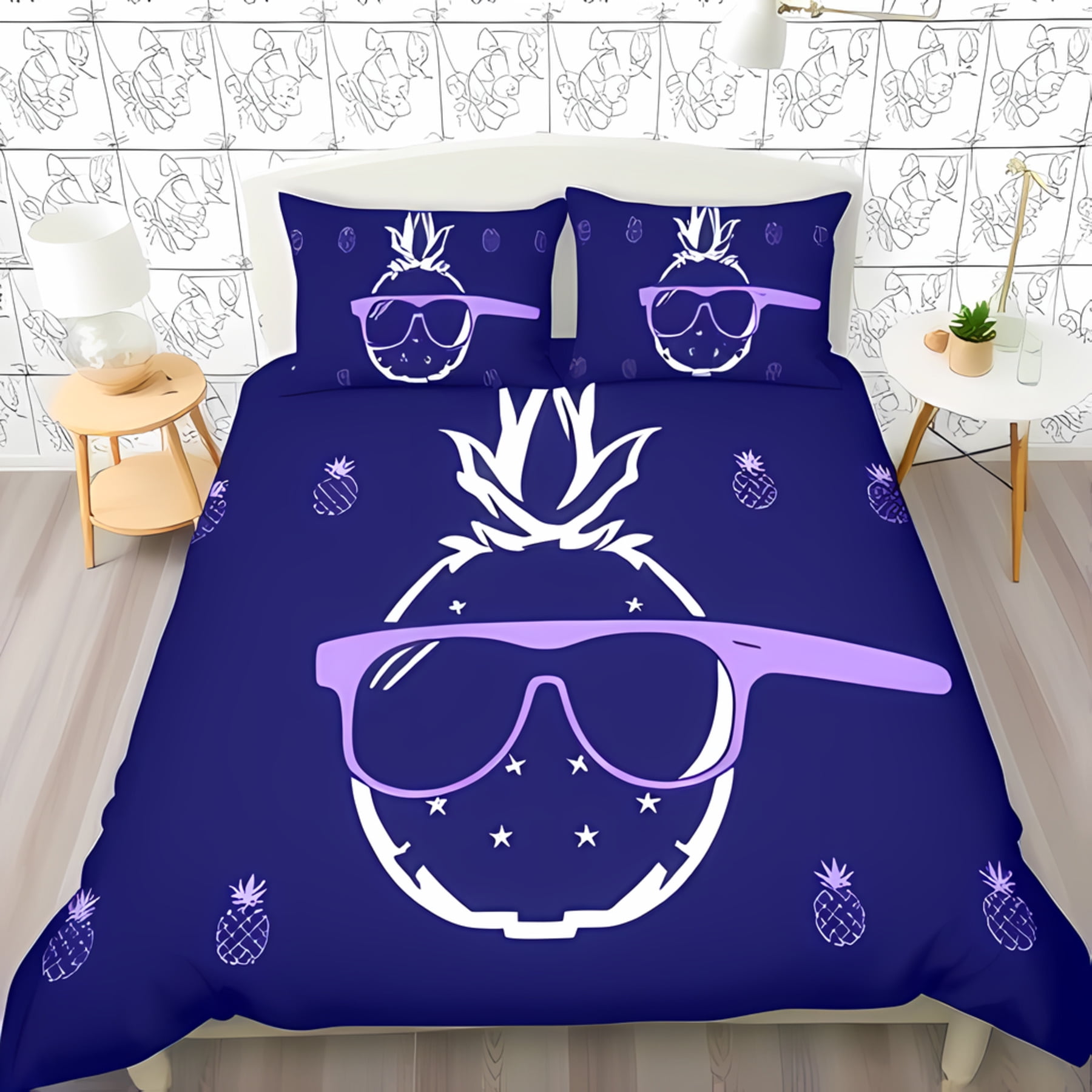 3-Piece Navy Blue Duvet Cover Set with Whimsical Pineapple Design ...