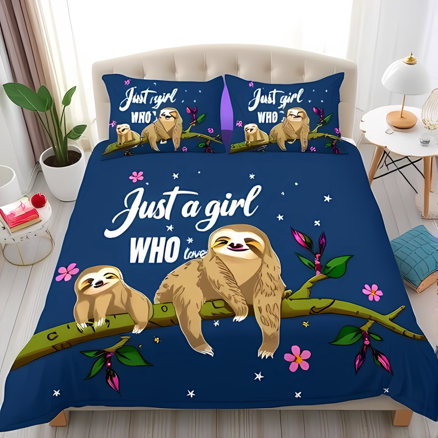 3-Piece Navy Blue Duvet Cover Set with Whimsical Sloth Design & Pink ...