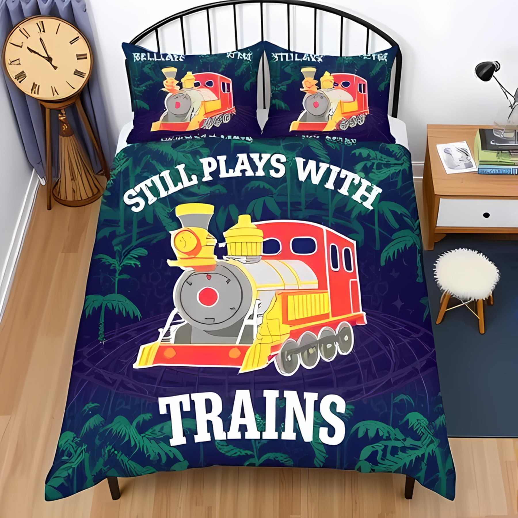 3-Piece Navy Blue Duvet Cover Set with Whimsical Trees Swirls & Cartoon ...